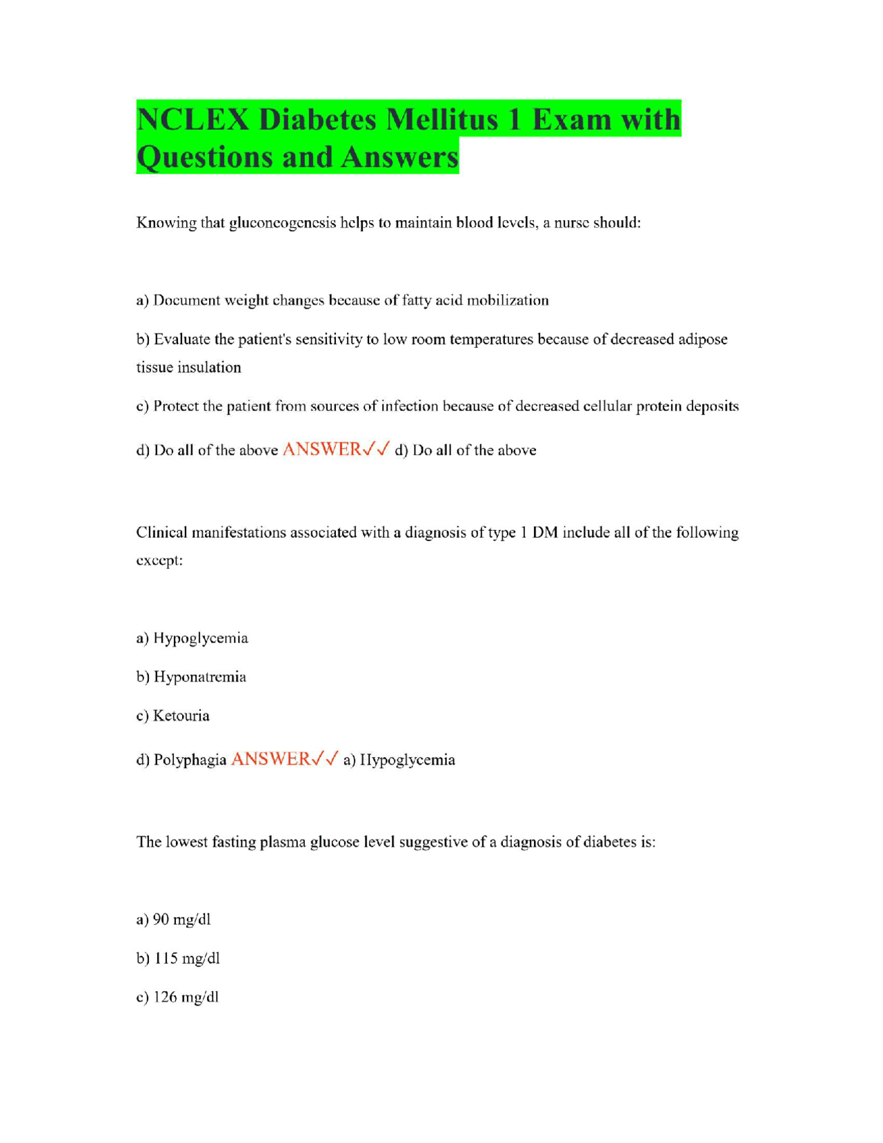 NCLEX Diabetes Mellitus 1 Exam with Questions and Answers | Exams ...