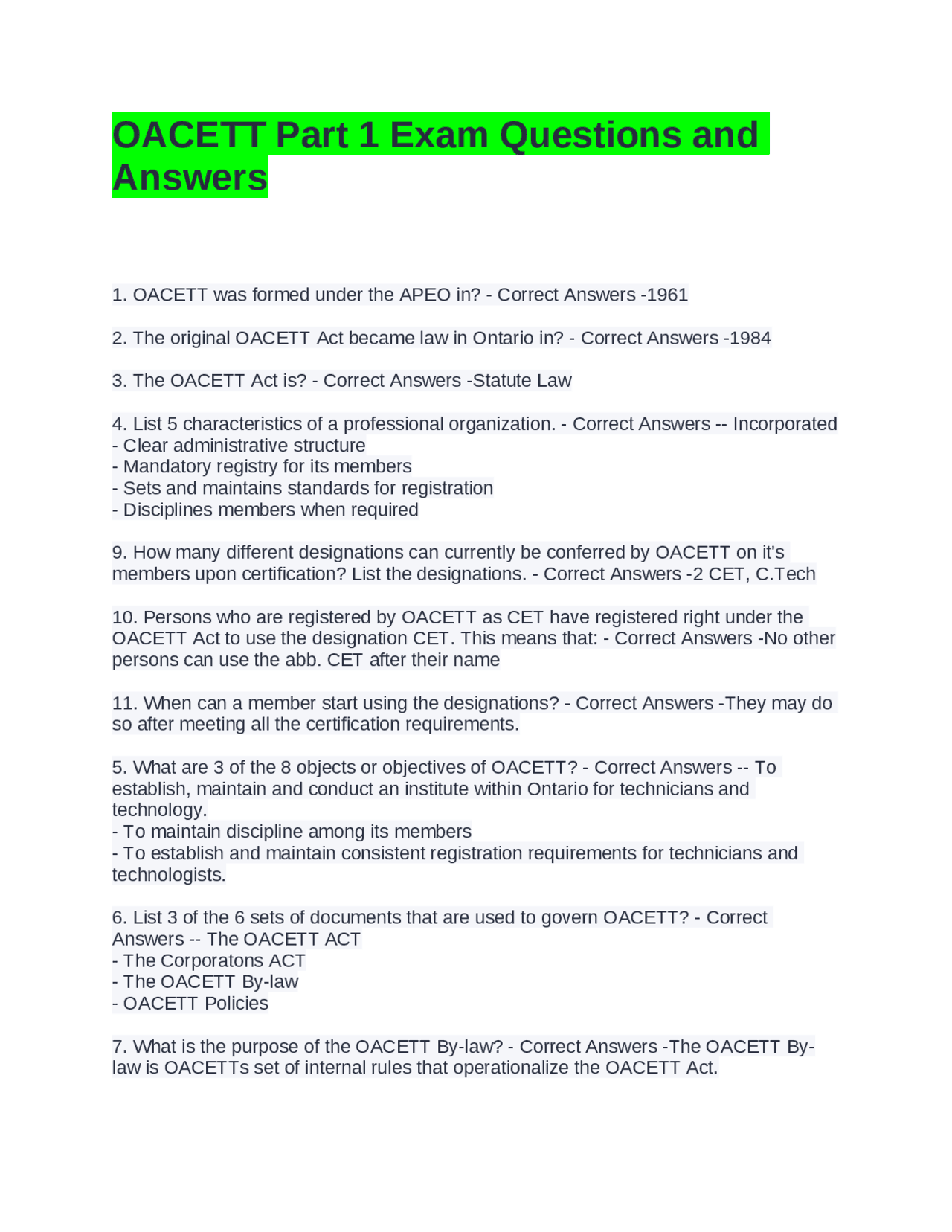 OACETT Part 1 Exam Questions and Answers with Verified solutions ...