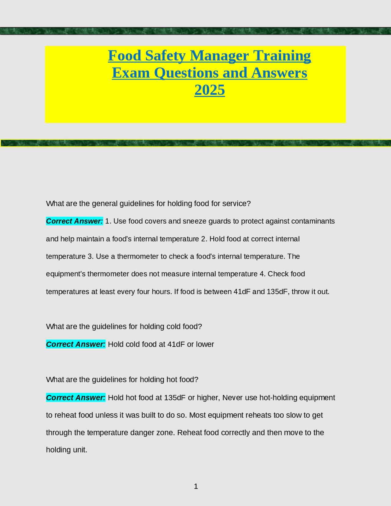 Food Safety Manager Training Exam Questions and Answers 2025 | Exams ...