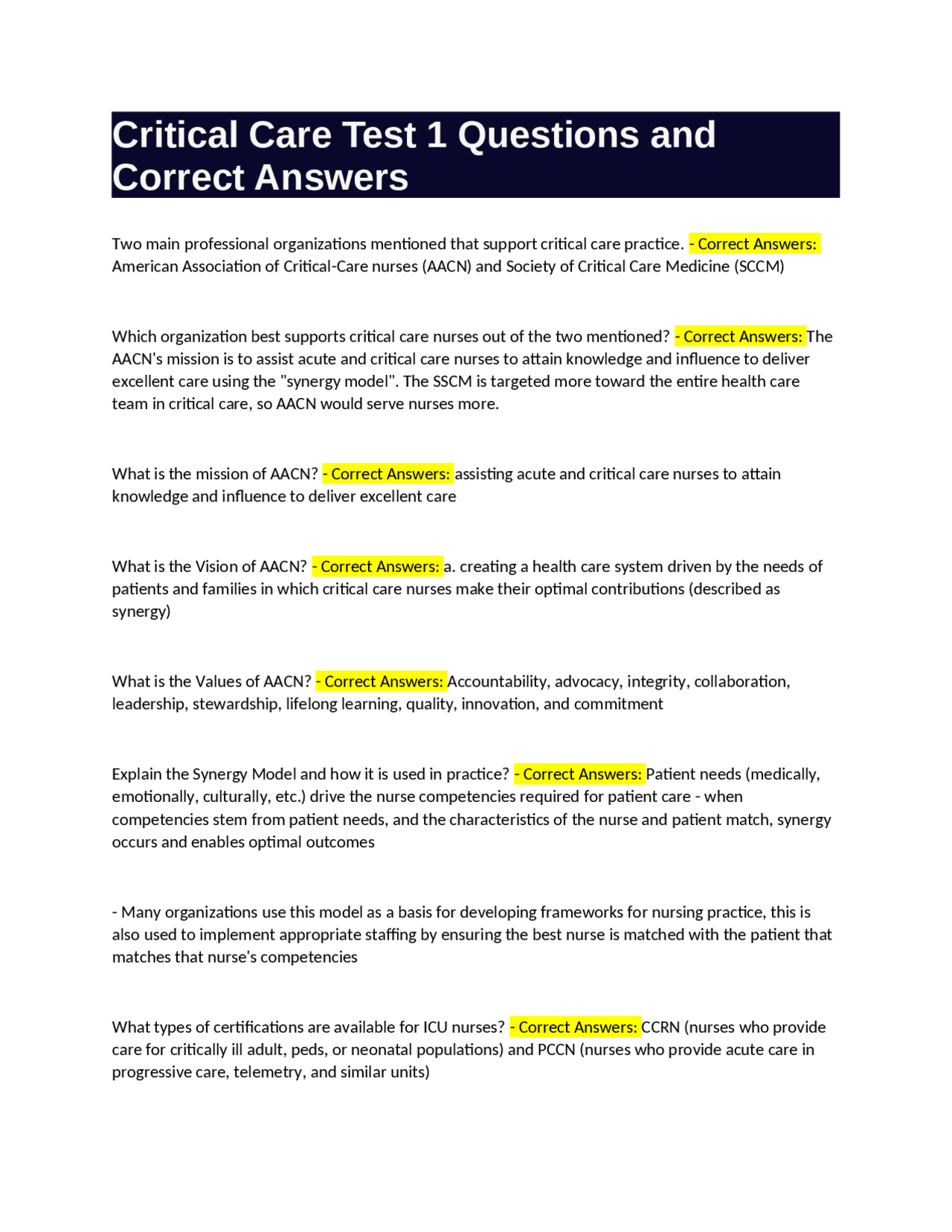 Critical Care Test 1 Questions and Correct Answers | Exams Nursing ...