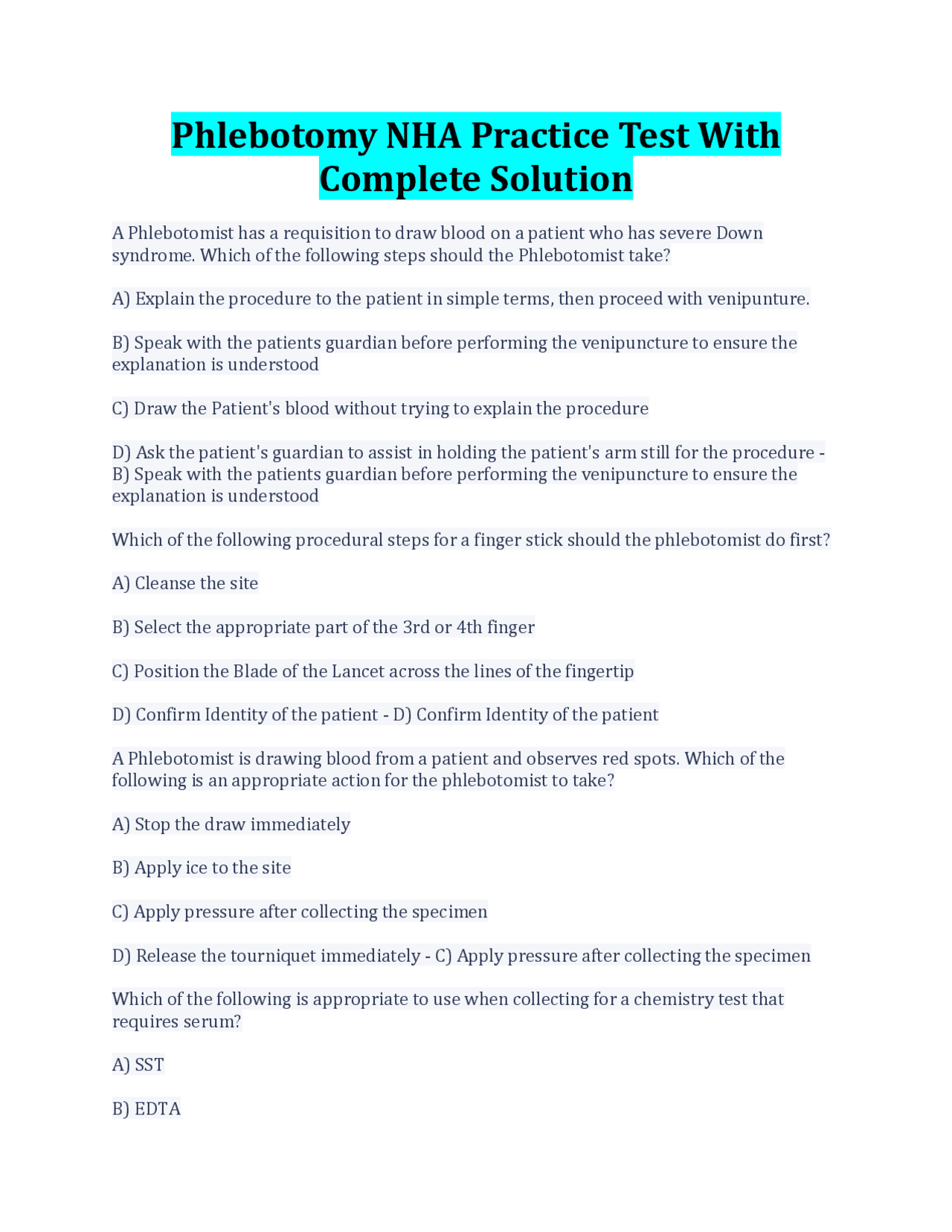 Phlebotomy NHA Practice Test With Complete Solution | Exams Health ...