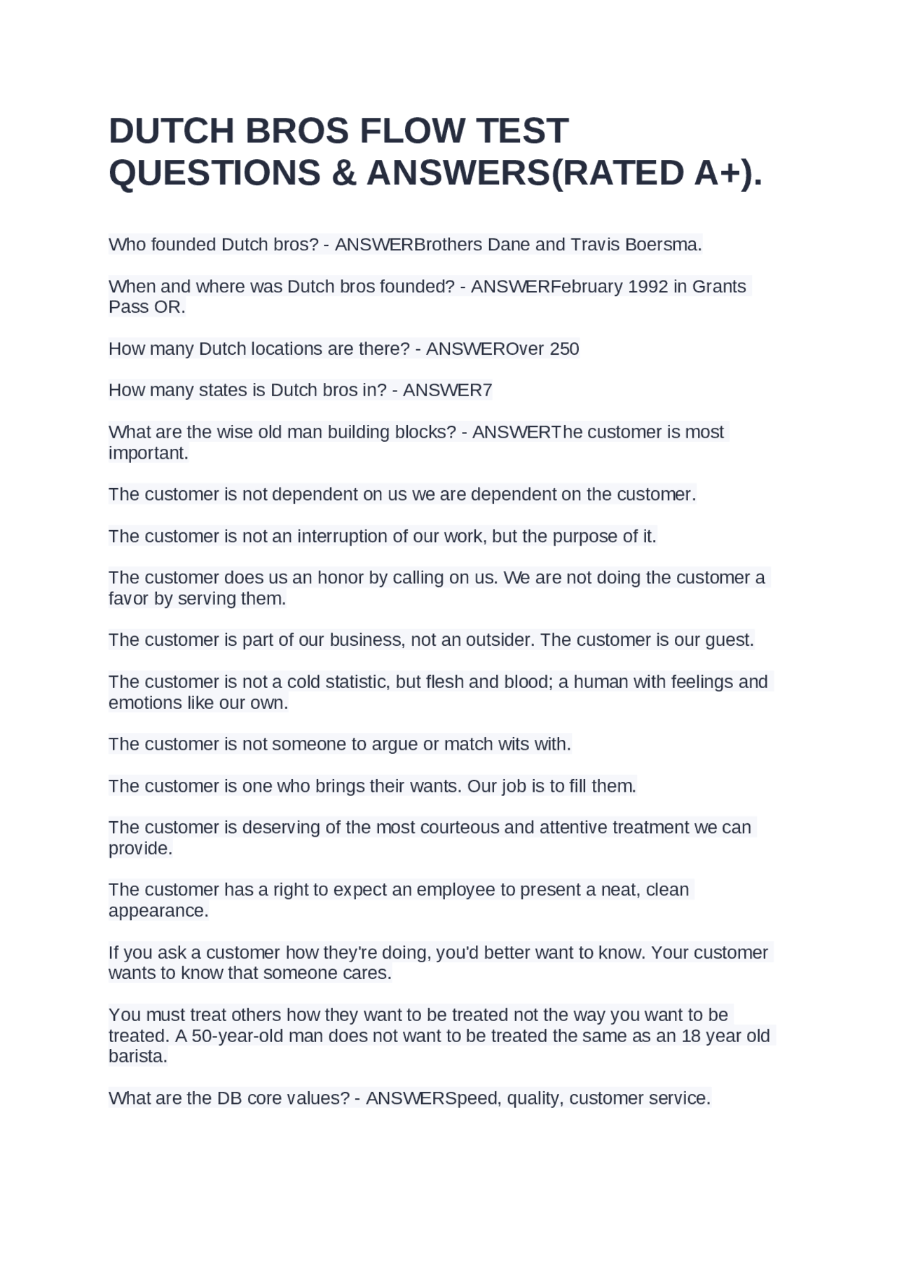DUTCH BROS FLOW TEST QUESTIONS & ANSWERS(RATED A+). | Exams History ...