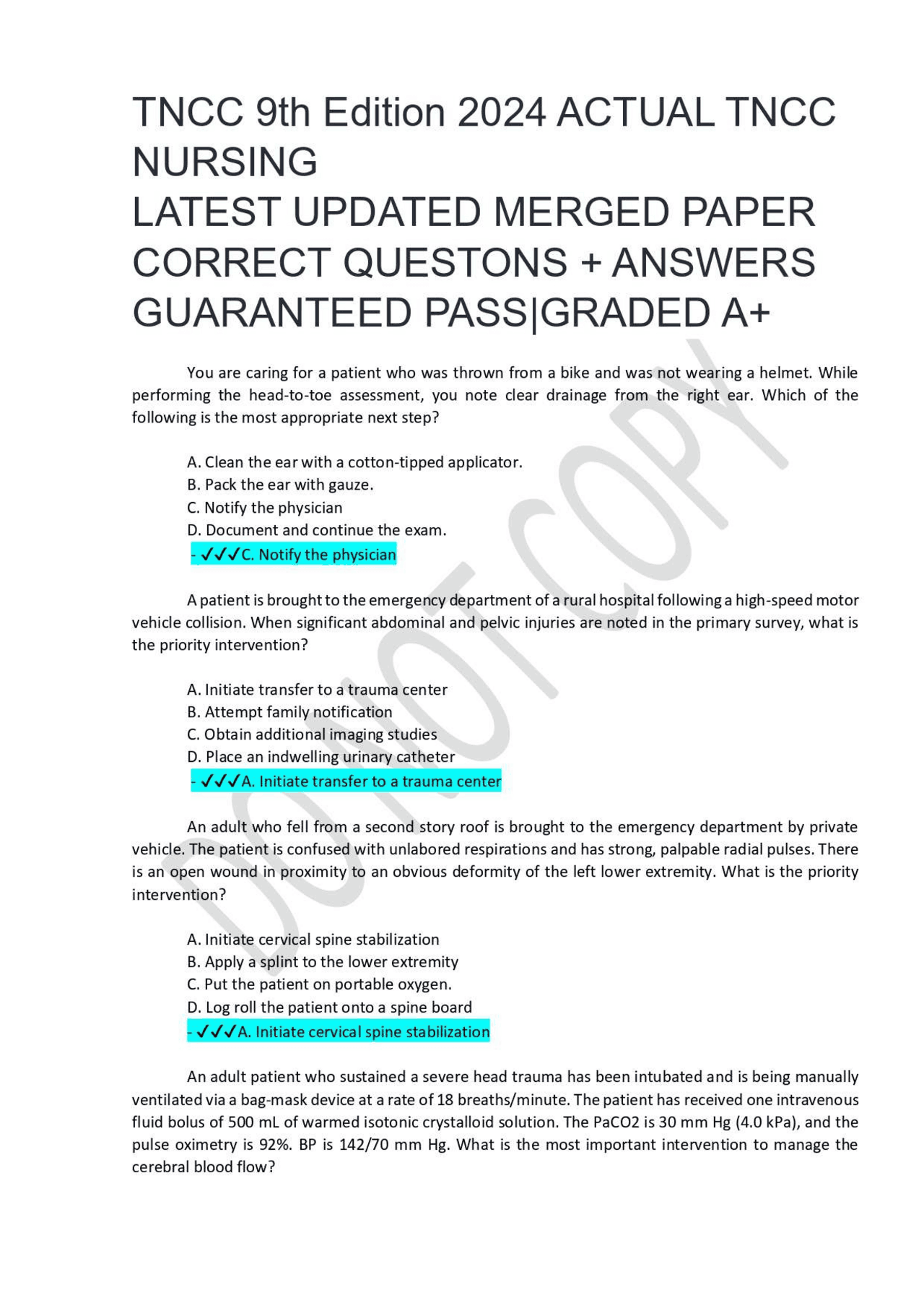 TNCC 9th Edition 2024 ACTUAL TNCC NURSING LATEST UPDATED MERGED PAPER ...