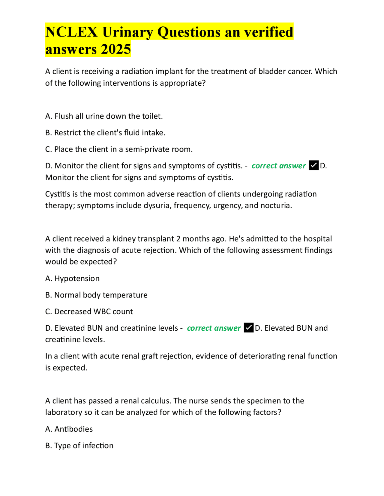 NCLEX Urinary System Questions and Answers | Exams Nursing | Docsity