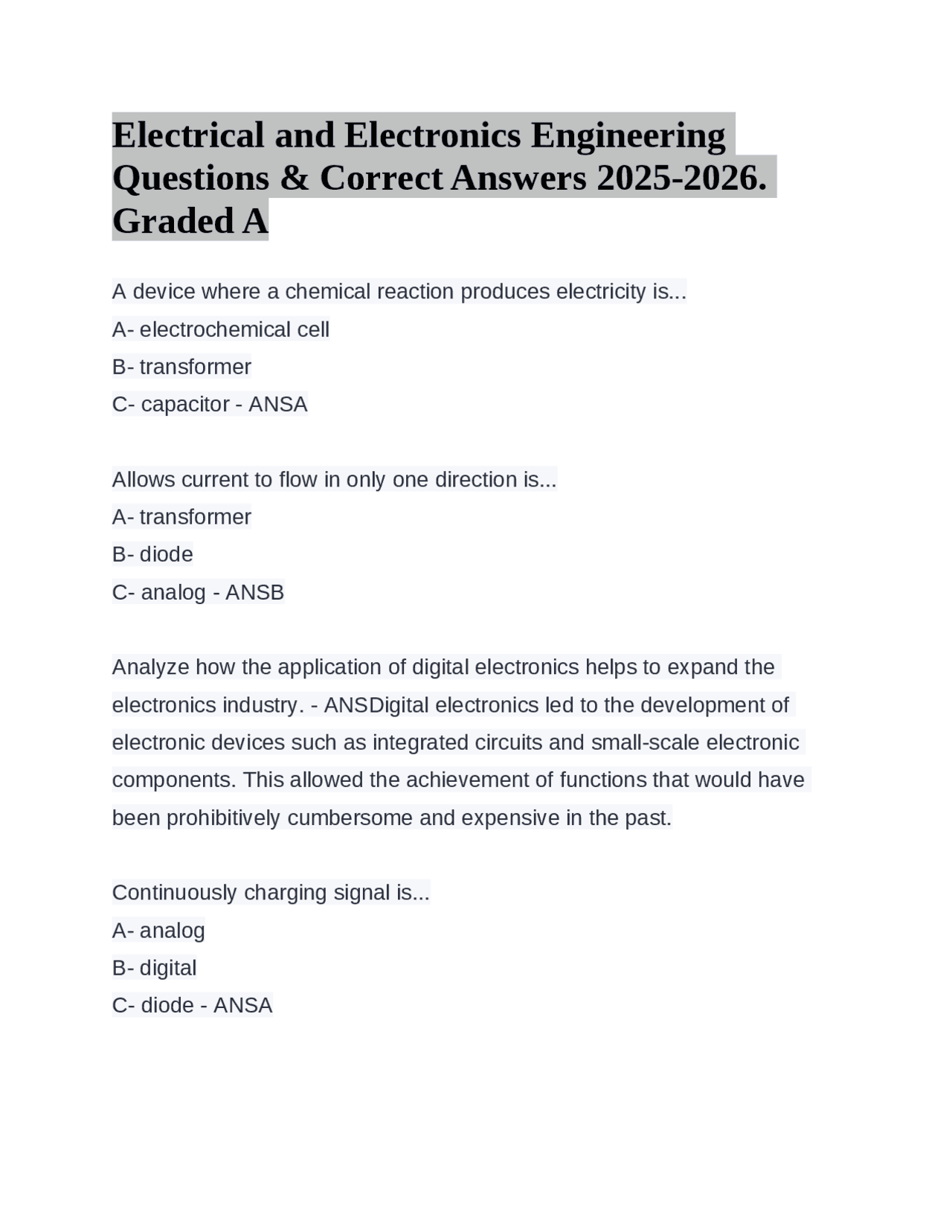 Electrical and Electronics Engineering Questions & Correct Answers 2025-2026. Graded A | Exams ...