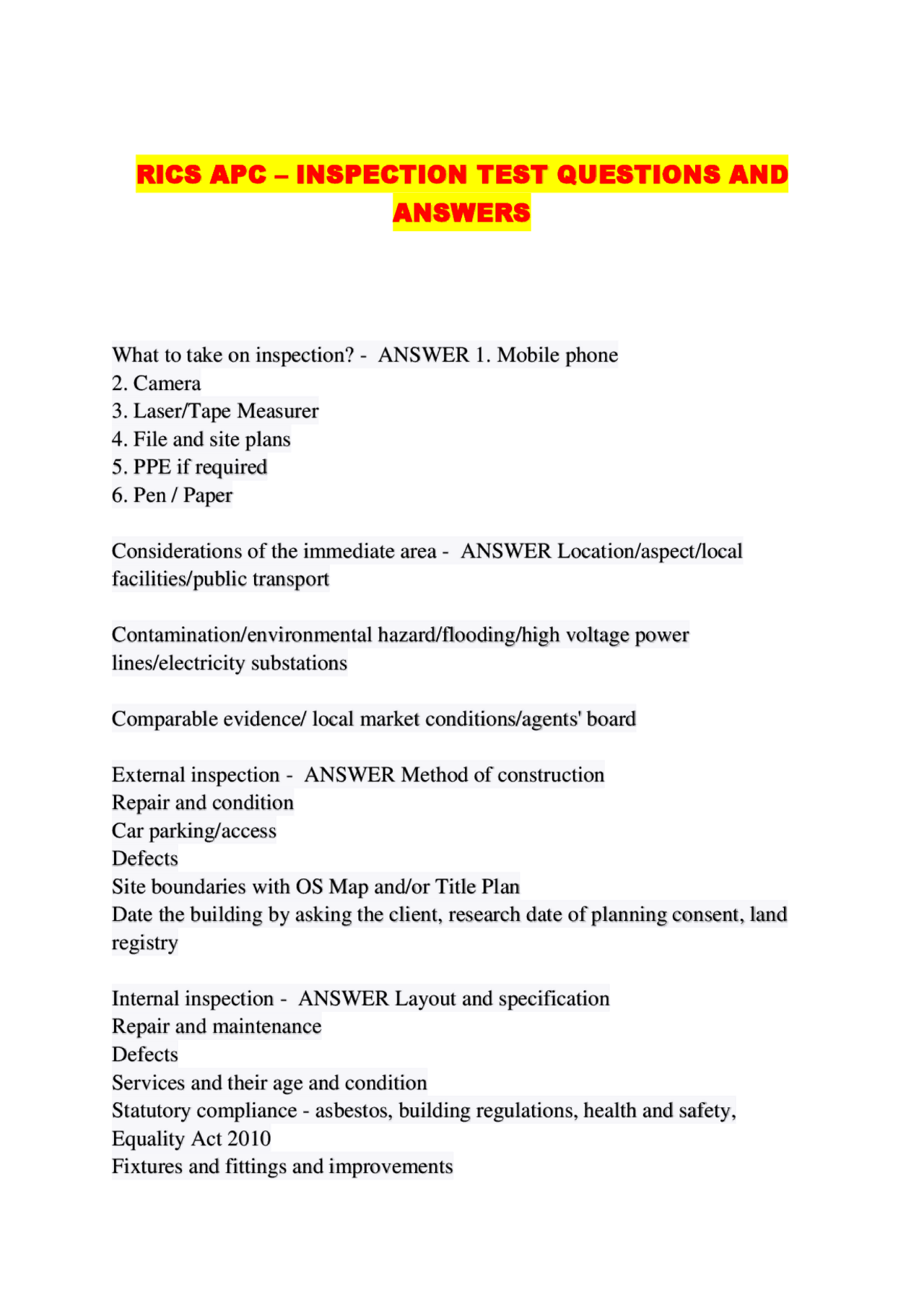 RICS APC Inspection Test Questions and Answers: A Guide for Property ...