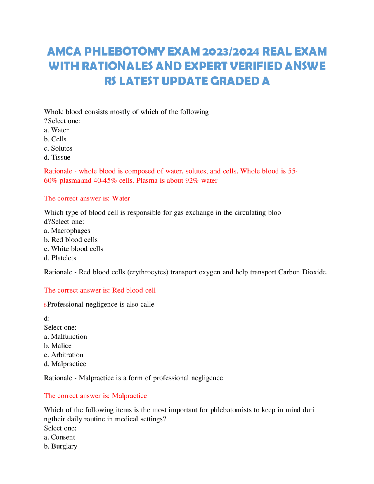 AMCA PHLEBOTOMY EXAM 20232024 REAL EXAM WITH RATIONALES AND EXPERT ...