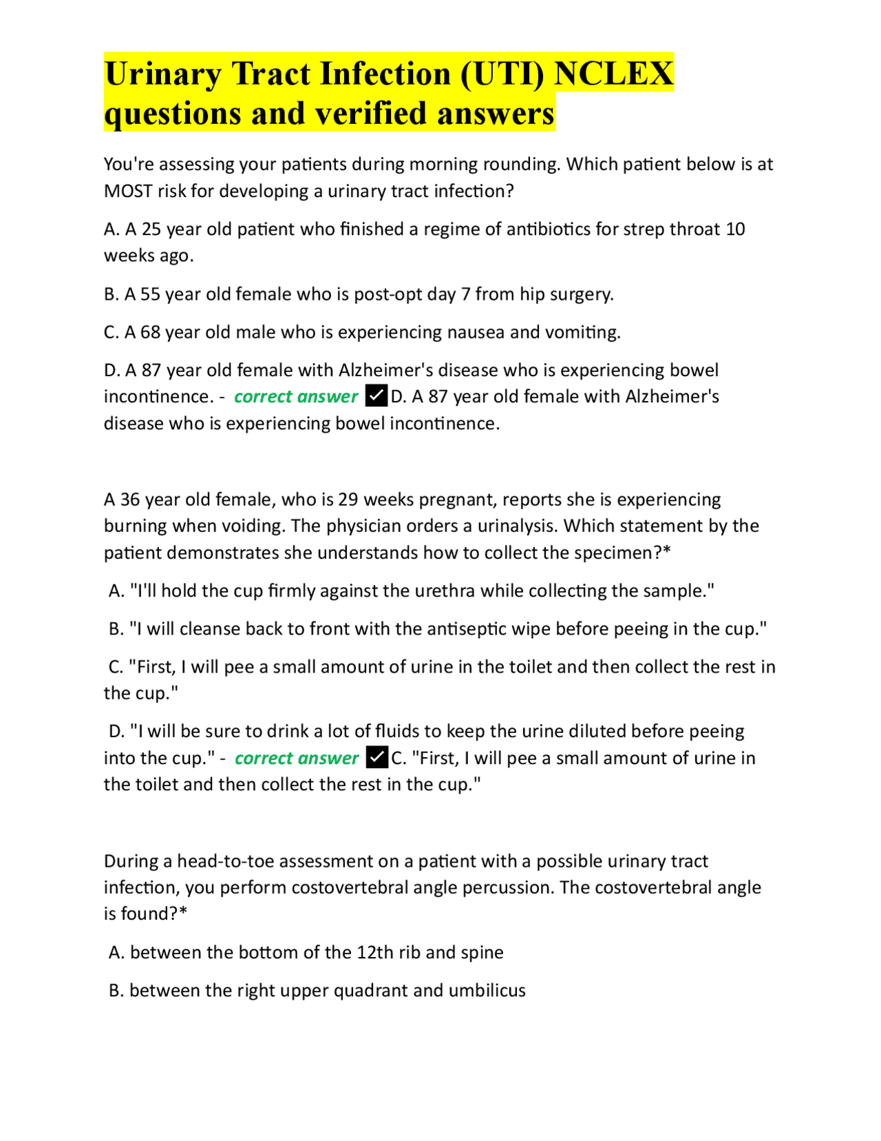 Urinary Tract Infection (UTI) NCLEX Questions and Answers | Exams ...