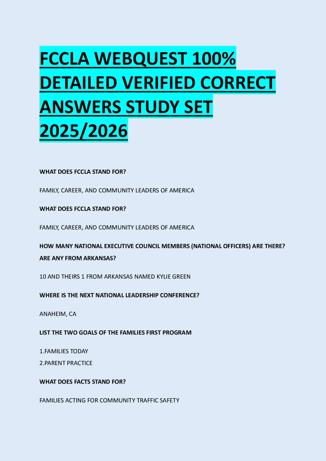 FCCLA WEBQUEST 100% DETAILED VERIFIED CORRECT ANSWERS STUDY SET 2025/ ...