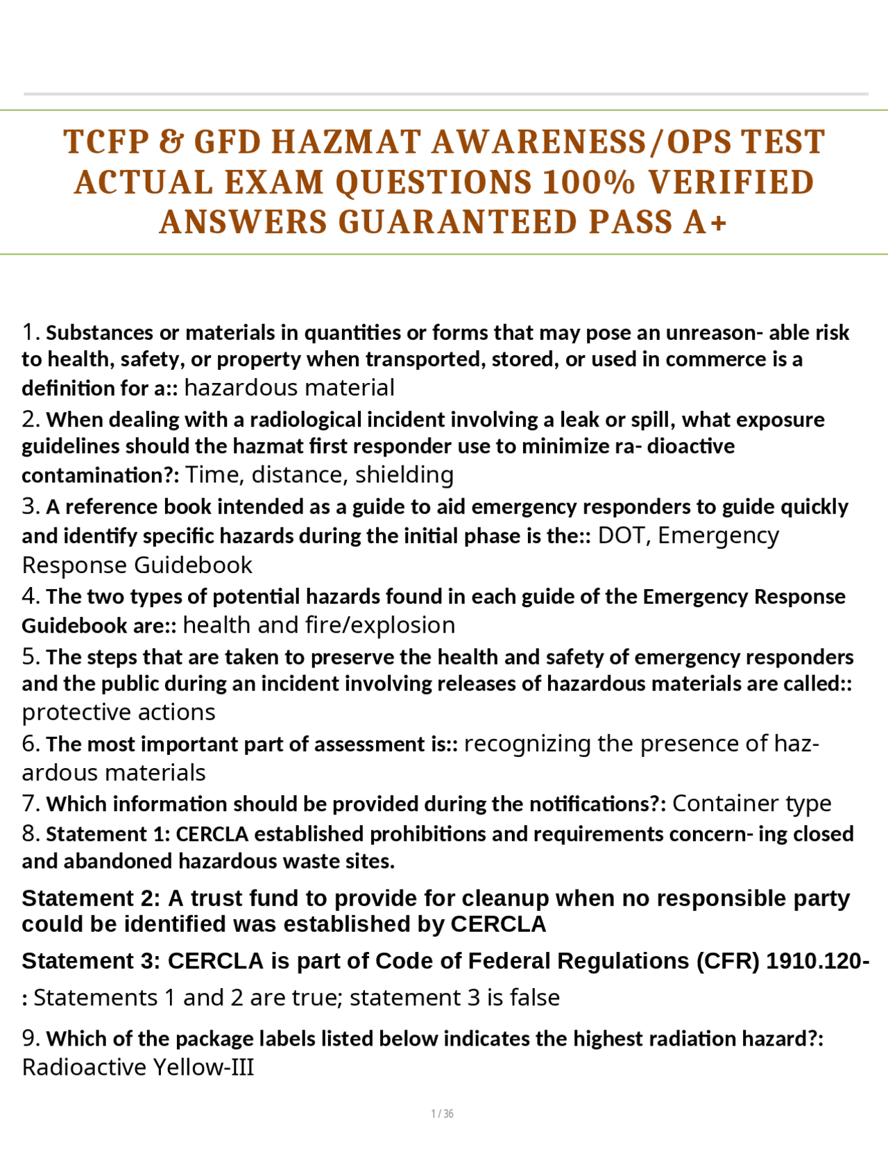 TCFP & GFD HAZMAT AWARENESS/OPS TEST ACTUAL EXAM QUESTIONS 100% ...