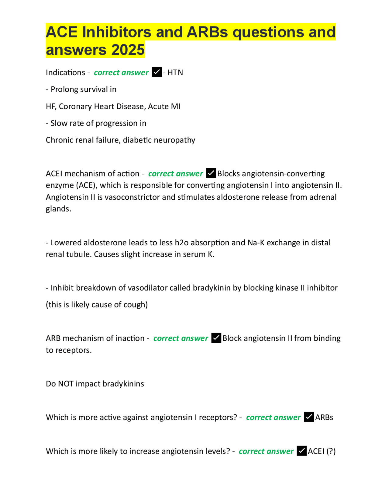 ACE Inhibitors and ARBs questions and answers 2025. | Exams Nursing ...
