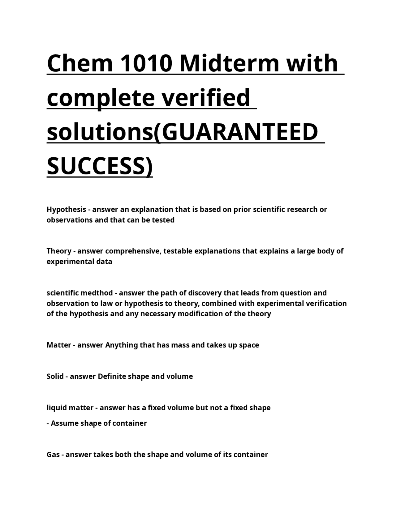 Chem 1010 Midterm with complete verified solutions(GUARANTEED SUCCESS ...