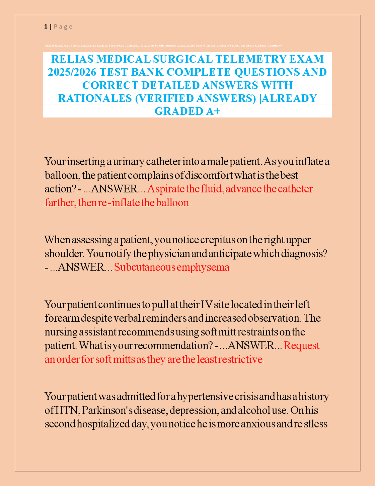 RELIAS MEDICAL SURGICAL TELEMETRY EXAM 2025/2026 TEST BANK COMPLETE ...