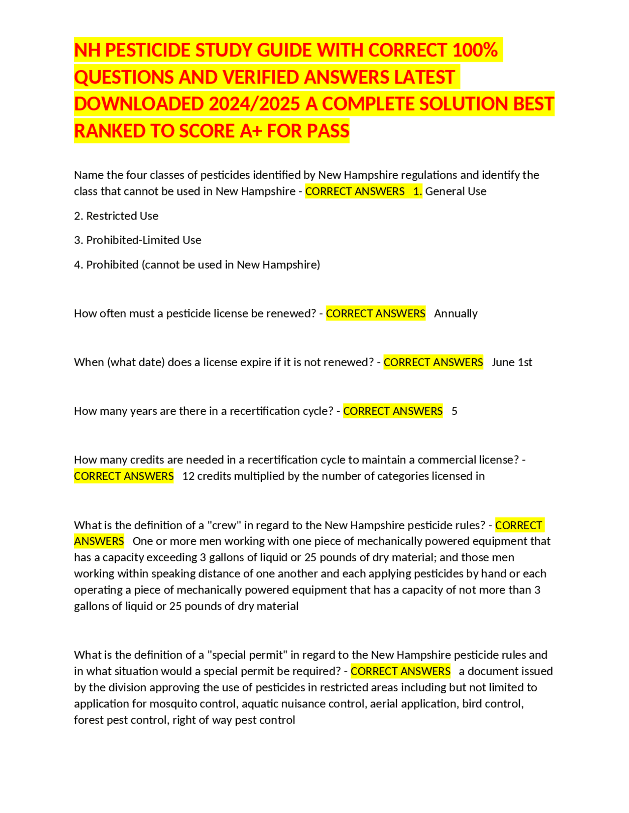 NH PESTICIDE STUDY GUIDE WITH CORRECT 100% QUESTIONS AND VERIFIED ...