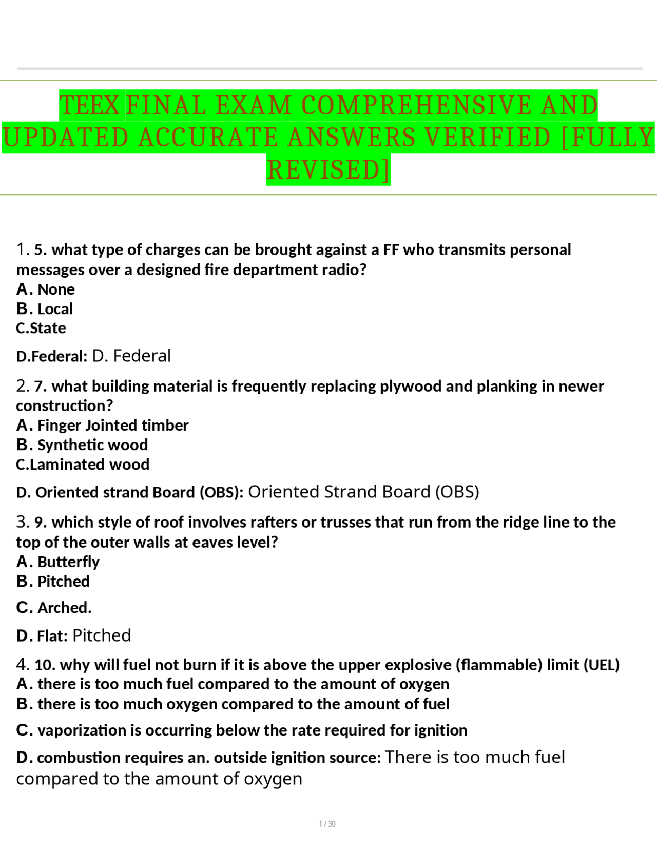 TEEX FINAL EXAM COMPREHENSIVE AND UPDATED ACCURATE ANSWERS VERIFIED ...