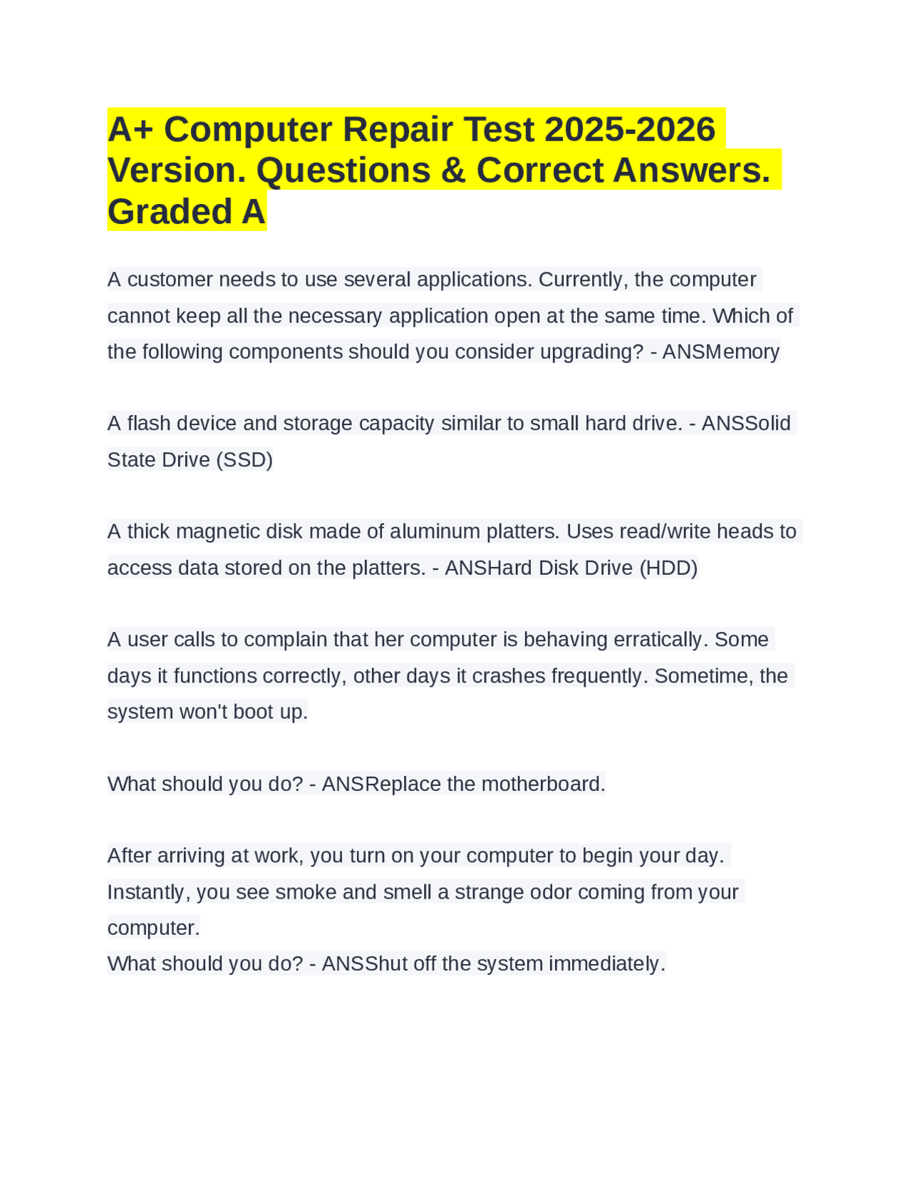 A+ Computer Repair Test 2025-2026 Version. Questions & Correct Answers ...