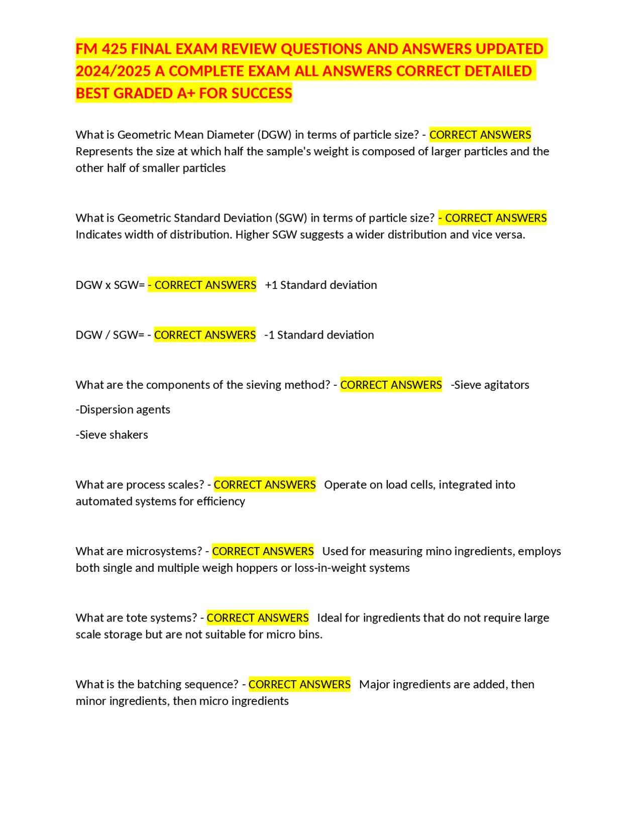 FM 425 FINAL EXAM REVIEW QUESTIONS AND ANSWERS UPDATED 2024/2025 A ...