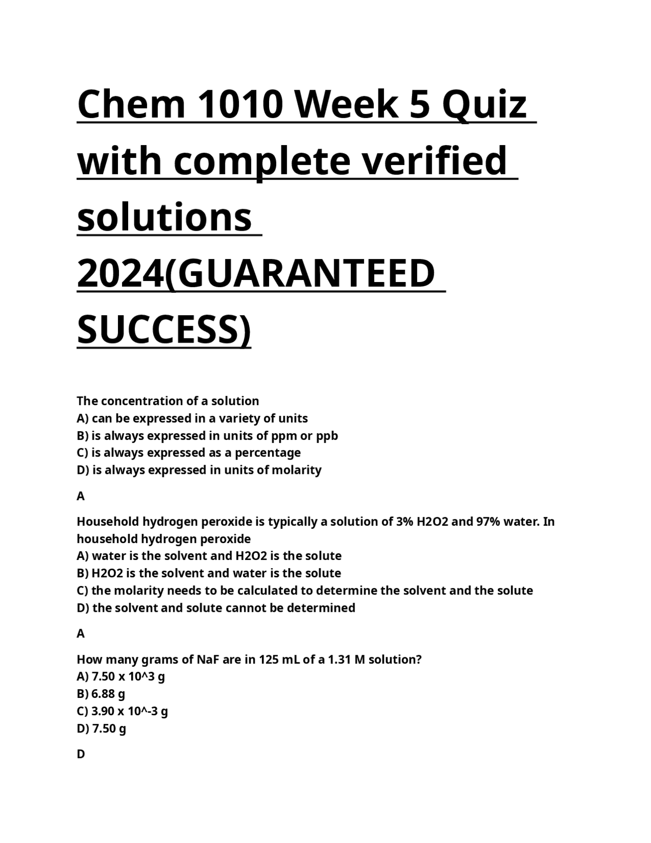 Chem 1010 Week 5 Quiz with complete verified solutions 2024(GUARANTEED ...