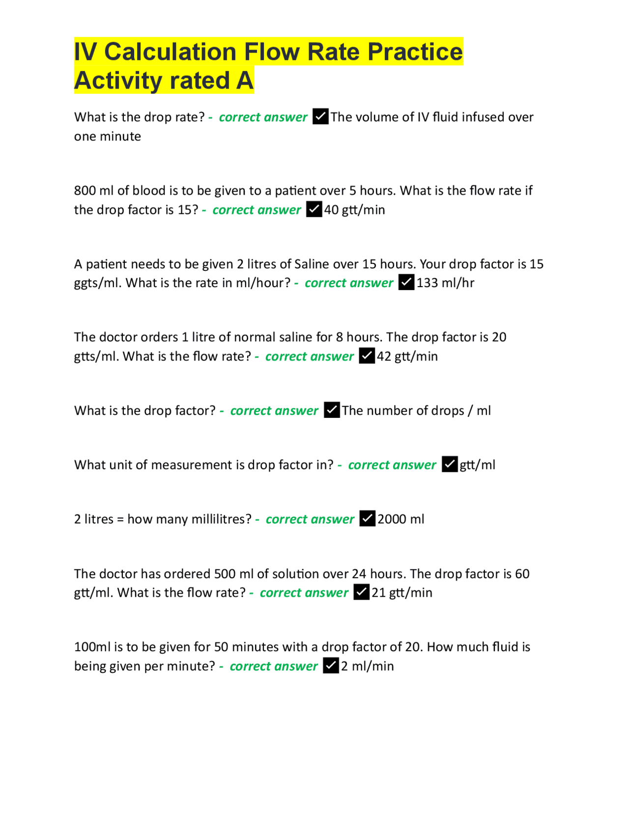IV Calculation Flow Rate Practice Activity rated A. | Exams Nursing ...