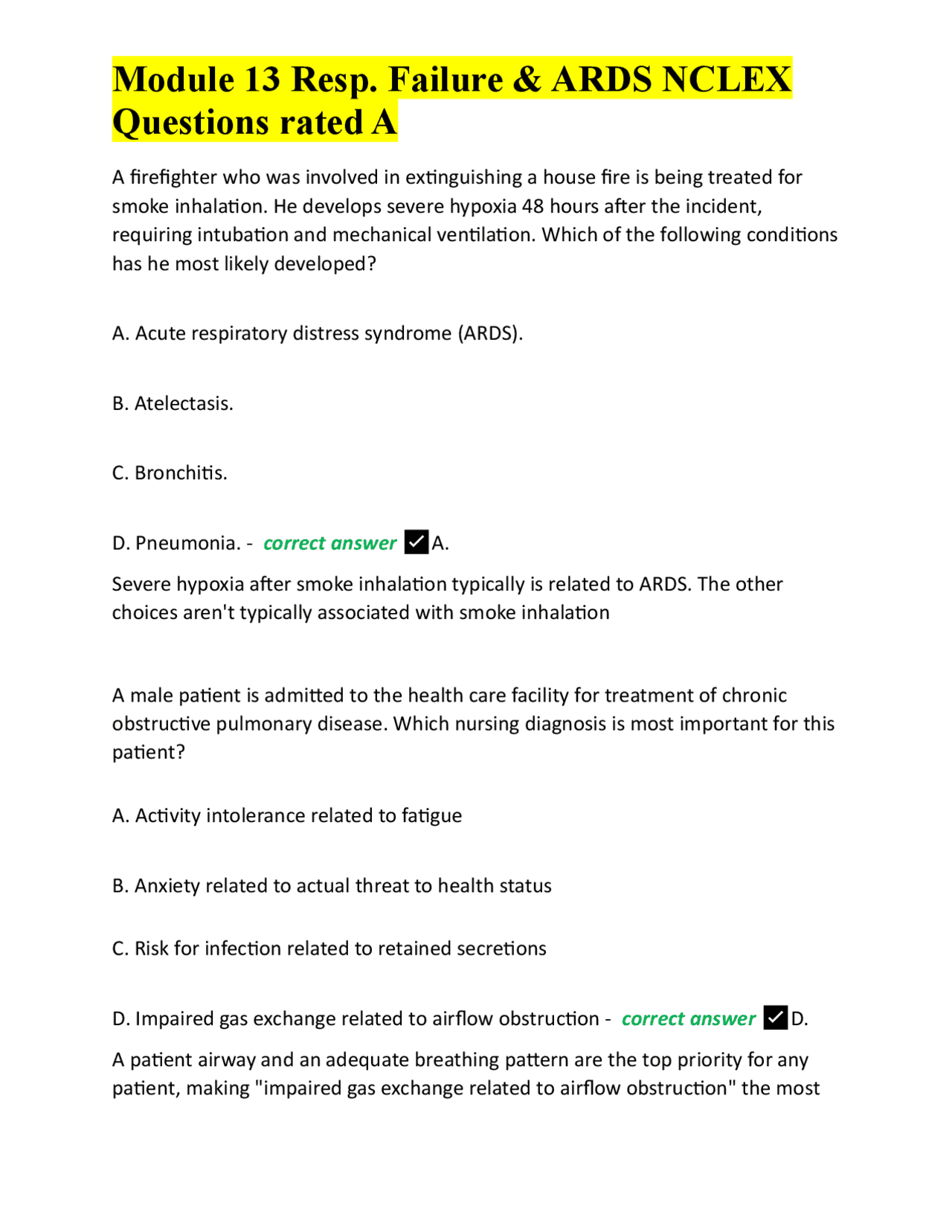 Module 13 Resp. Failure & ARDS NCLEX Questions rated A | Exams Nursing ...