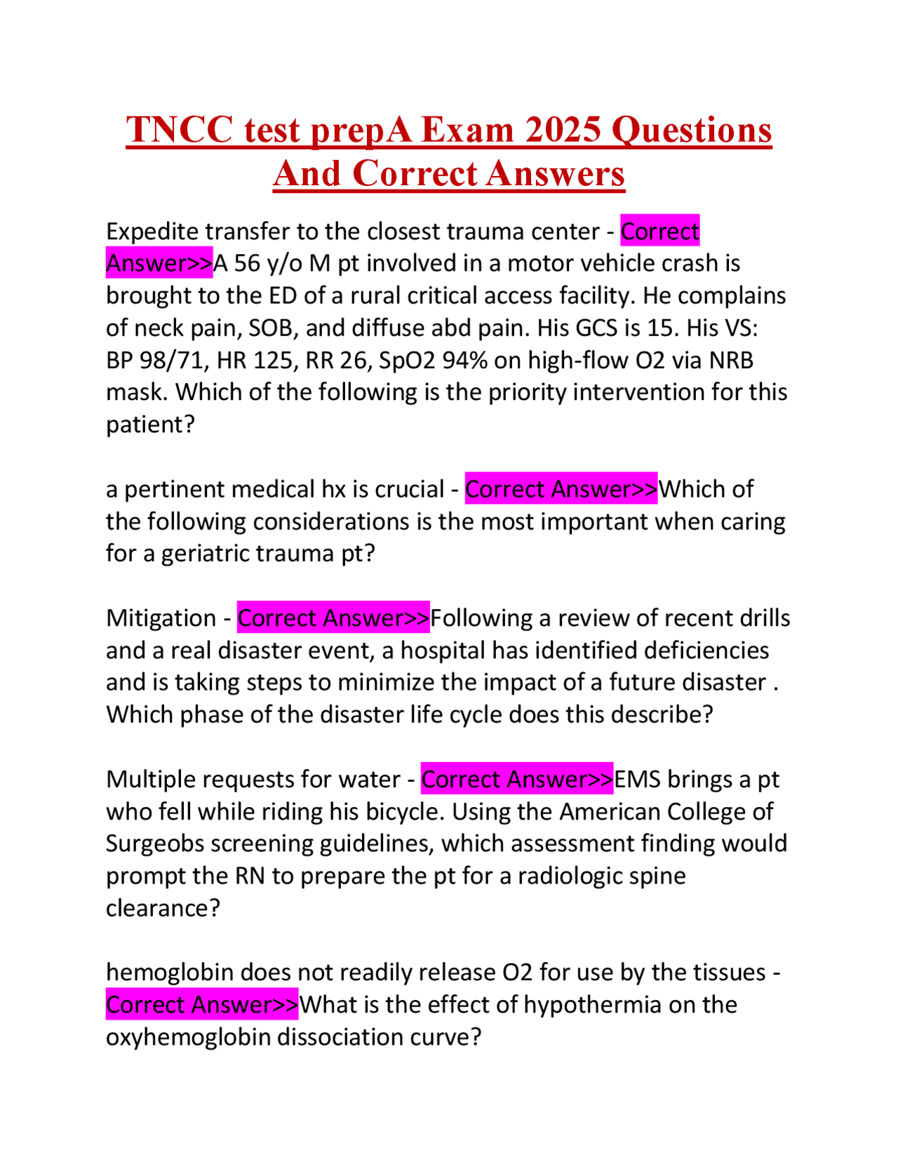 TNCC test prepA Exam 2025 Questions And Correct Answers | Exams Nursing ...