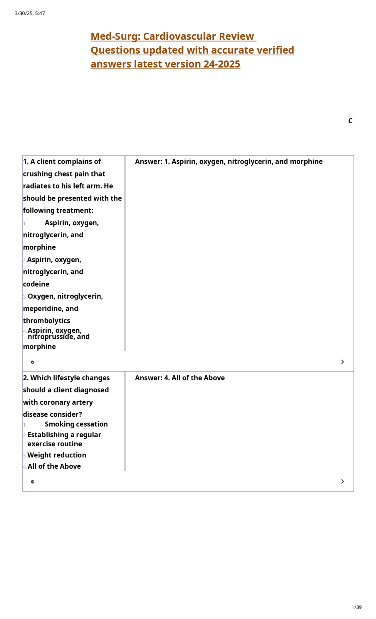 Med-Surg: Cardiovascular Review Questions updated with accurate ...