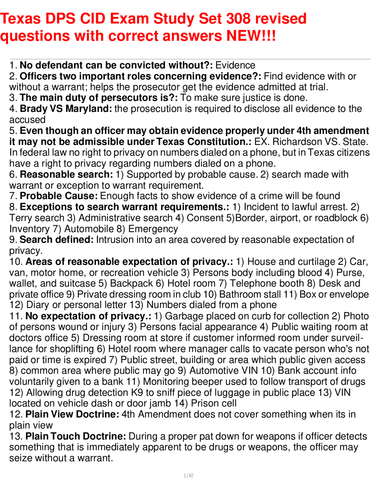 Texas DPS CID Exam Study Set 308: Revised Questions and Answers on ...