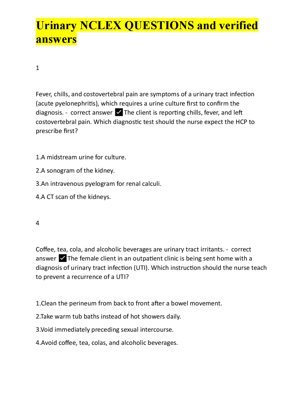 Urinary System NCLEX Questions and Answers | Exams Nursing | Docsity