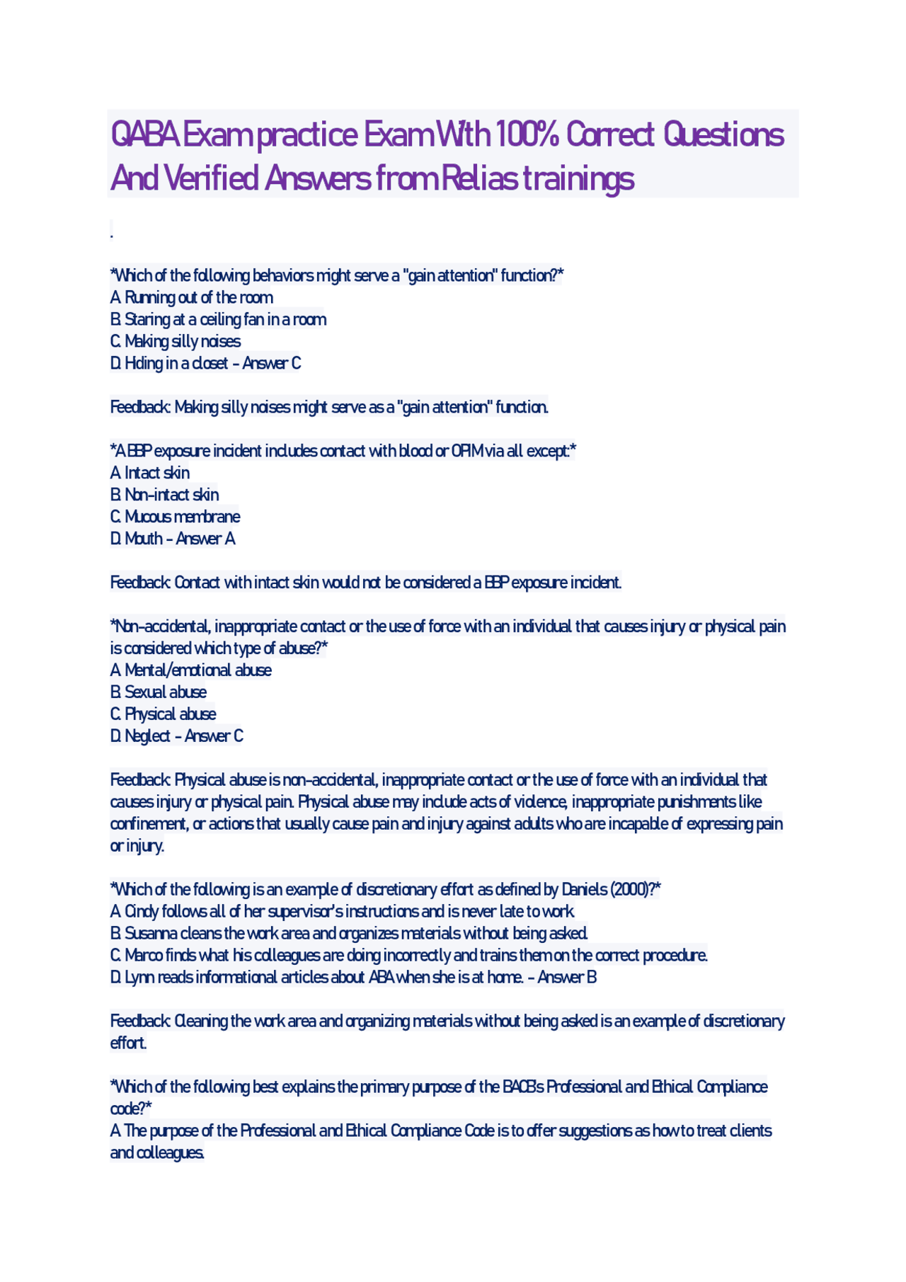 QABA Exam Practice: Multiple Choice Questions and Answers | Exams ...