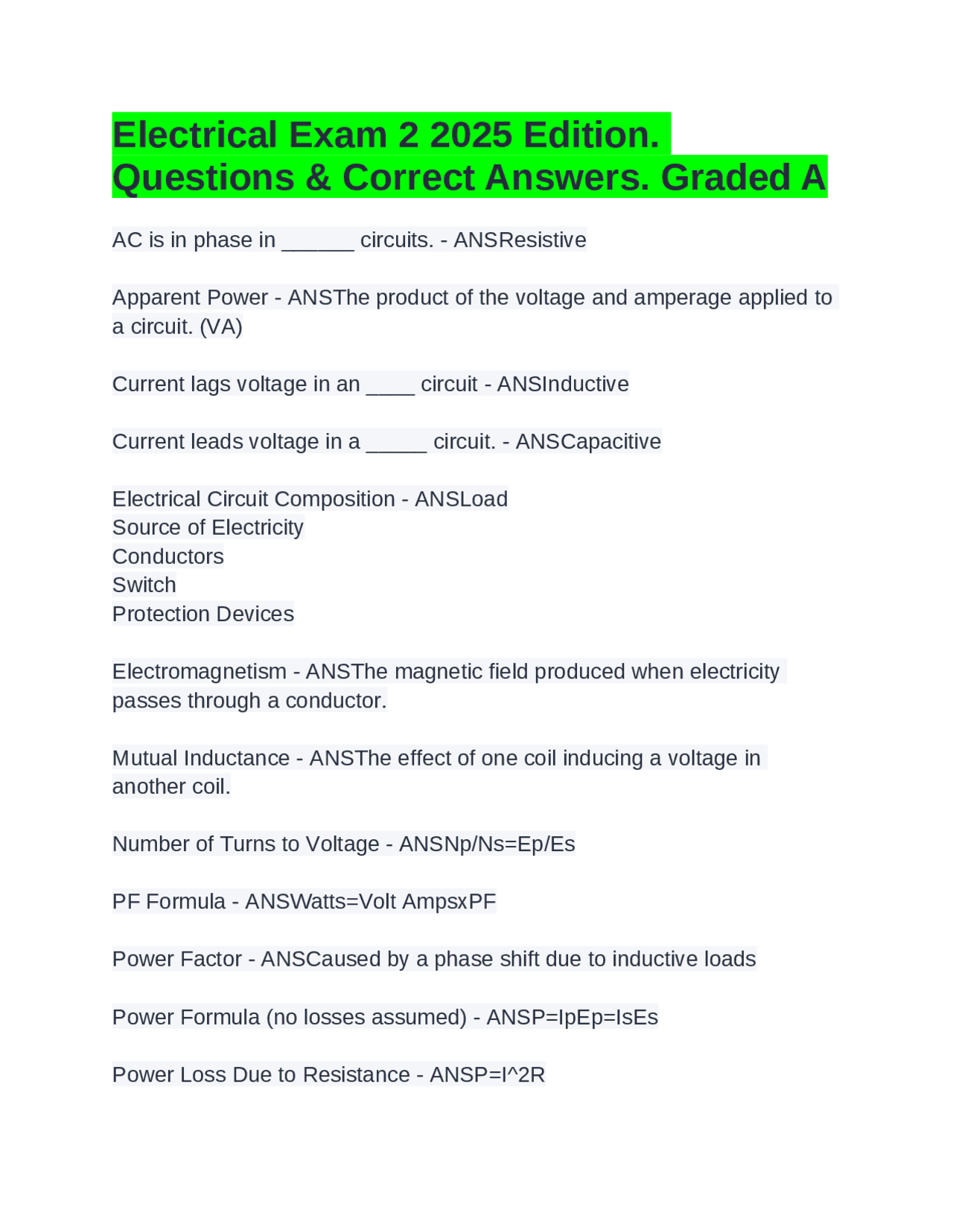 Electrical Exam 2 2025 Edition. Questions & Correct Answers. Graded A | Exams Electrical and ...