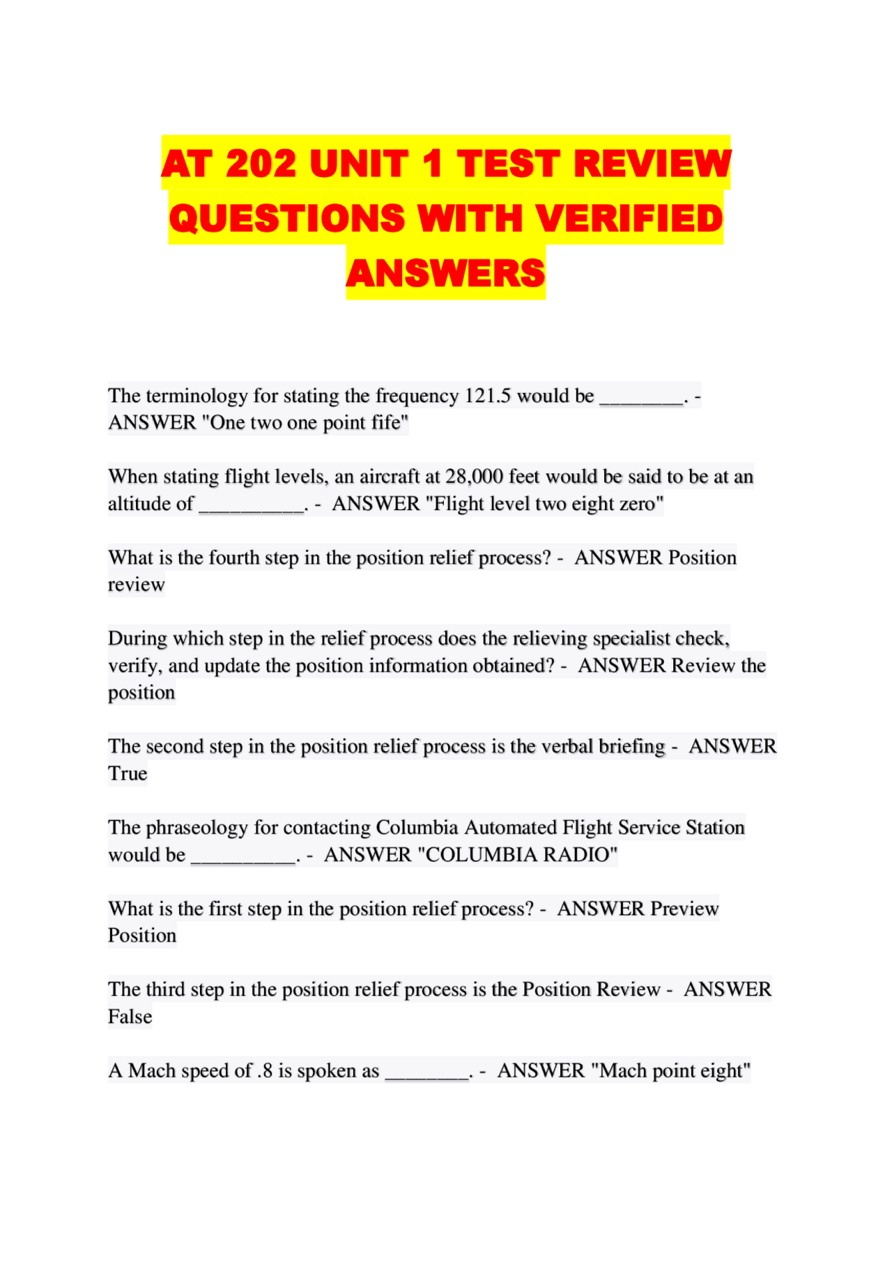 AT 202 UNIT 1 TEST REVIEW QUESTIONS WITH VERIFIED ANSWERS | Exams ...