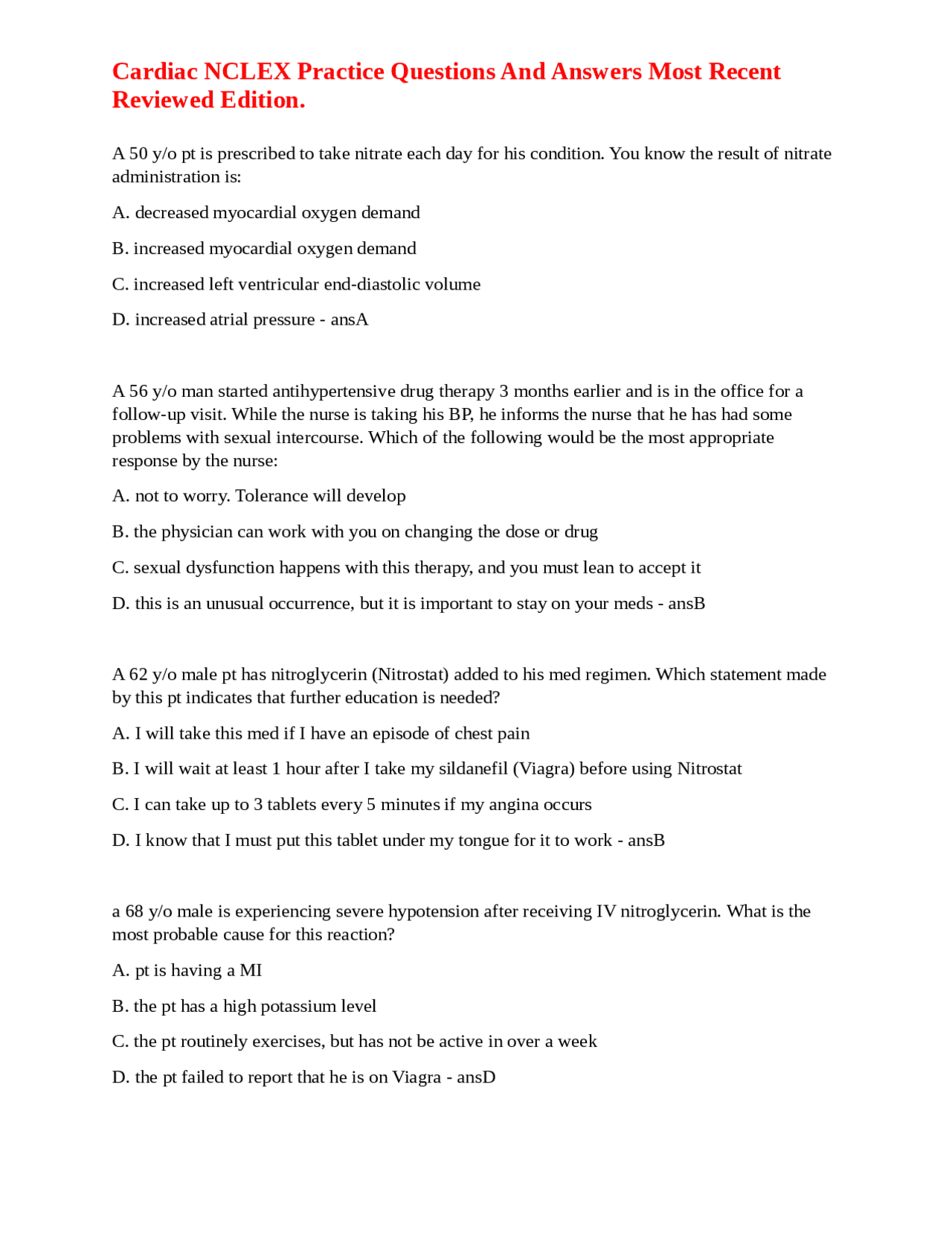 Cardiac NCLEX Practice Questions And Answers Most Recent Reviewed ...