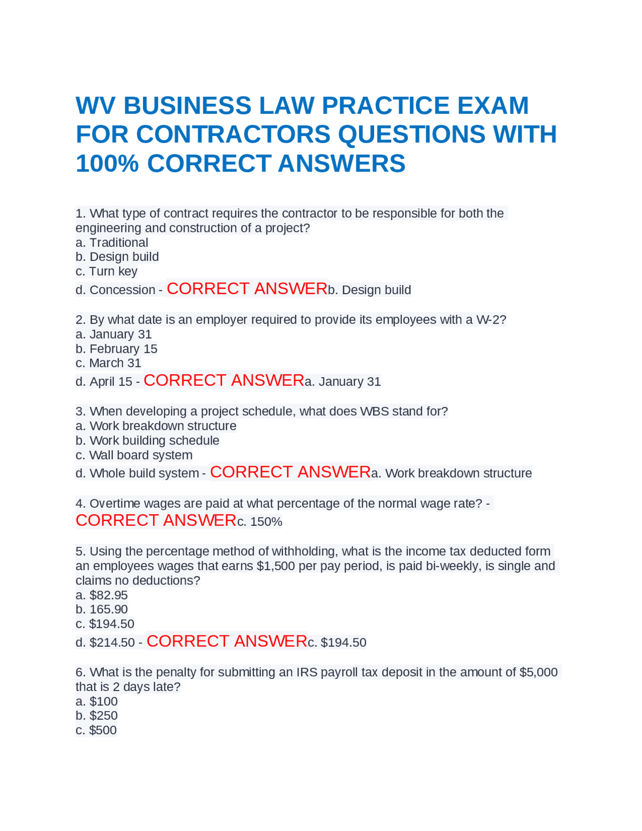 WV BUSINESS LAW PRACTICE EXAM FOR CONTRACTORS QUESTIONS WITH 100% ...