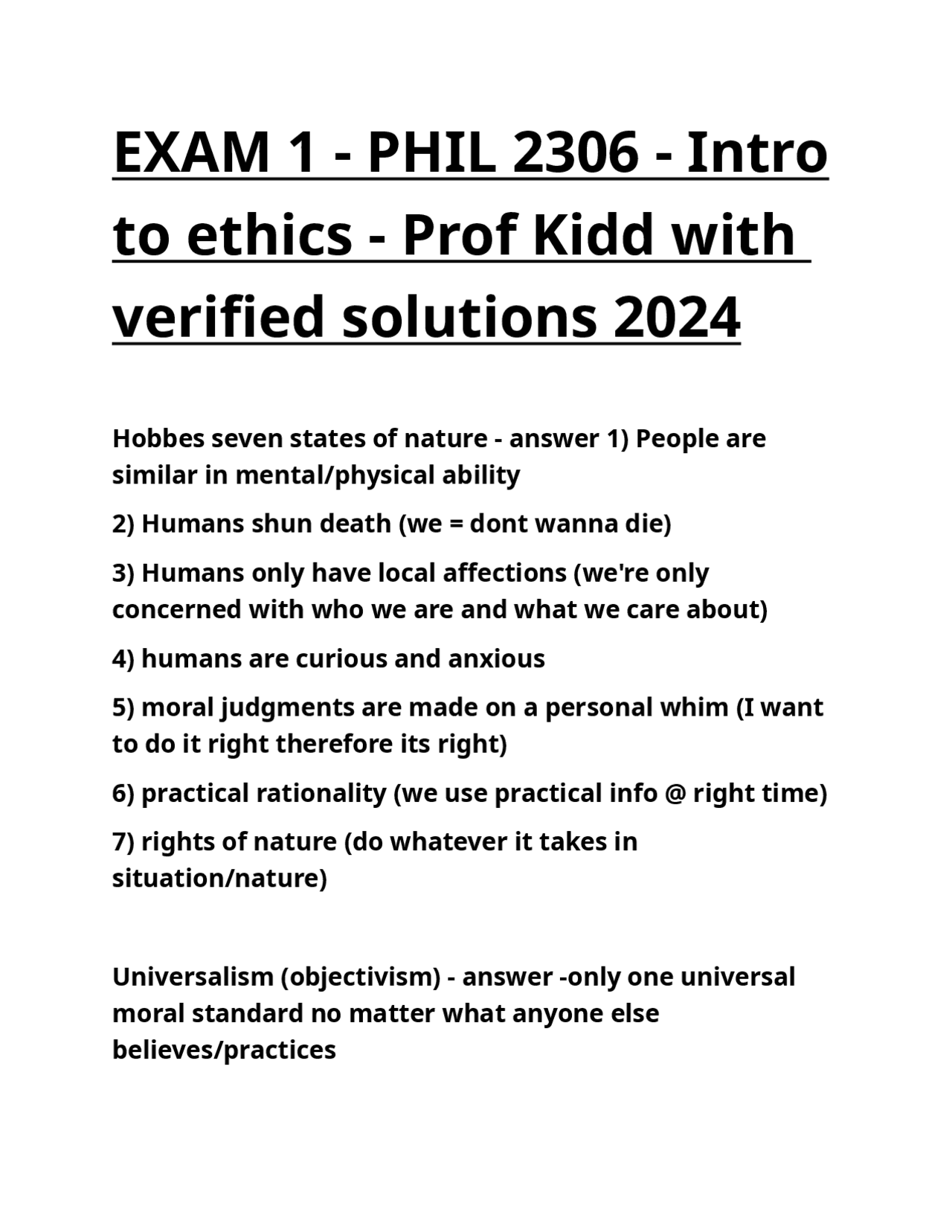 Exam 1 - PHIL 2306 - Introduction to Ethics: Hobbes, Socrates ...