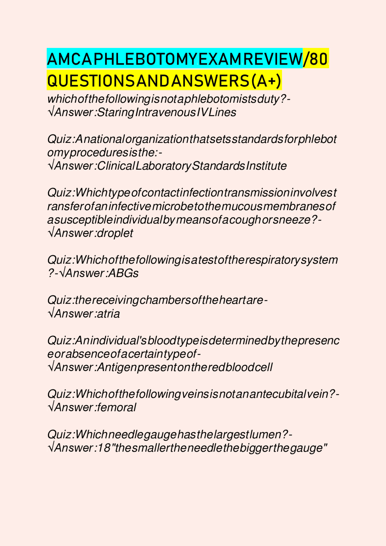 Phlebotomy Exam Review: Questions and Answers (A+) | Exams Nursing ...