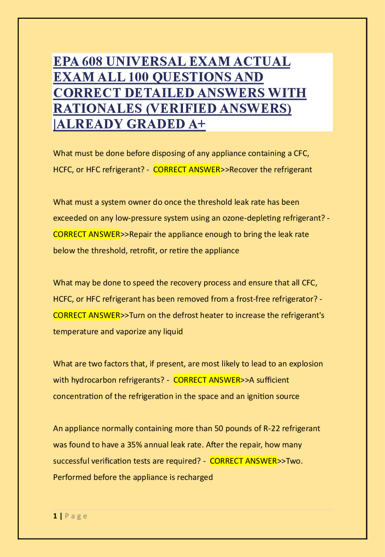 EPA 608 UNIVERSAL EXAM ACTUAL EXAM ALL 100 QUESTIONS AND CORRECT ...