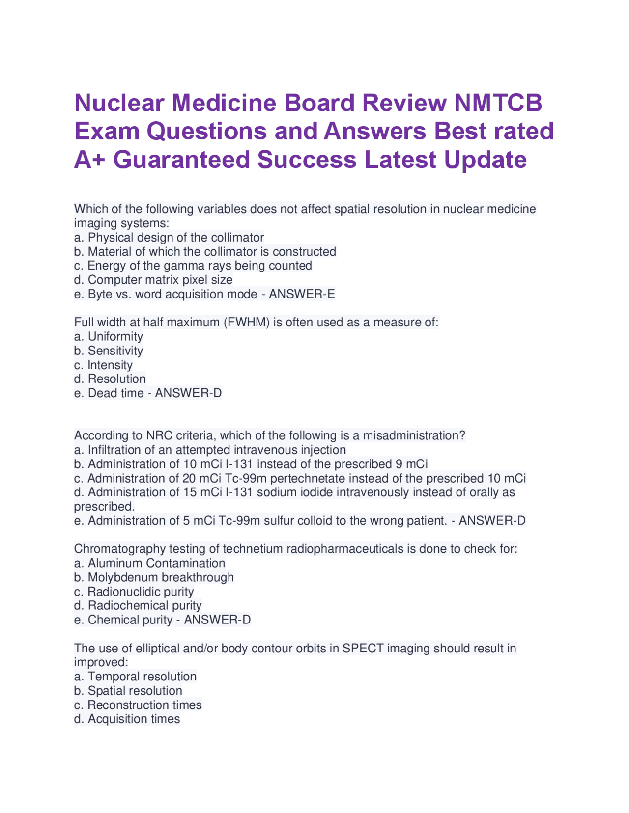 Nuclear Medicine Board Review NMTCB Exam Questions and Answers Best ...