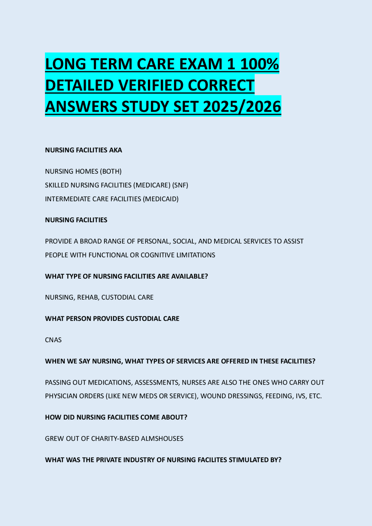 LONG TERM CARE EXAM 1 100% DETAILED VERIFIED CORRECT ANSWERS STUDY SET ...