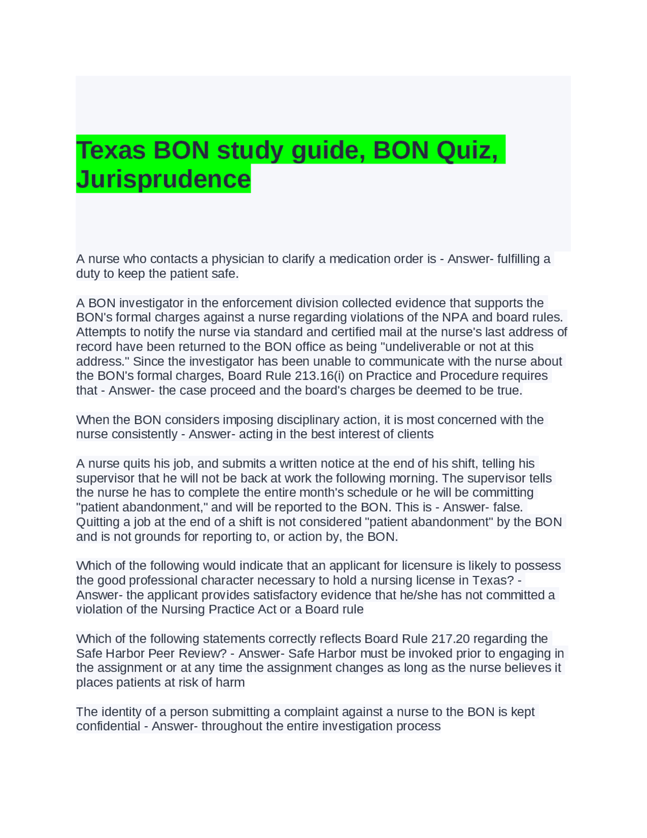Texas BON study guide, BON Quiz, Jurisprudence- with complete solutions ...