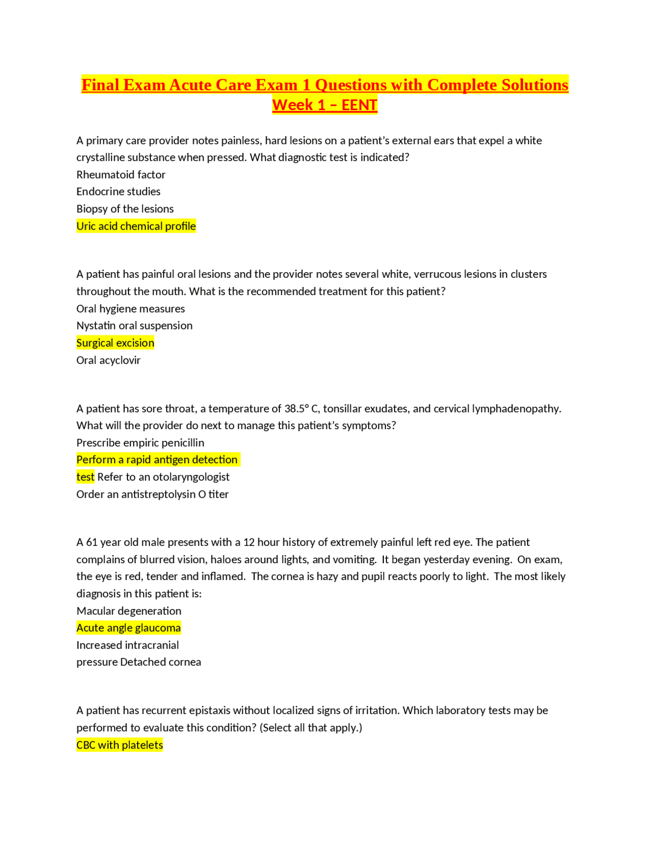 Final Exam Acute Care Exam 1 Questions with Complete Solutions Week 1 ...