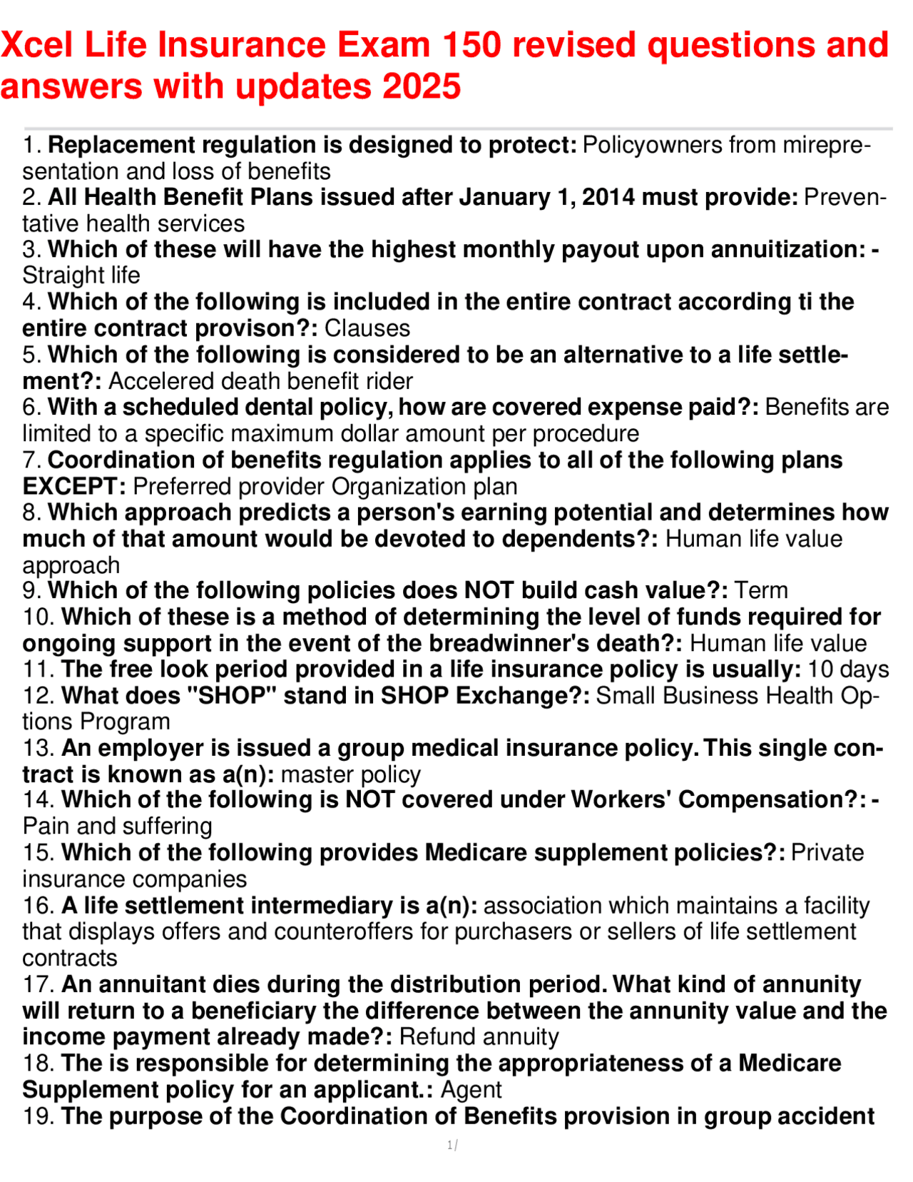 Xcel Life Insurance Exam 150 revised questions and answers with updates ...