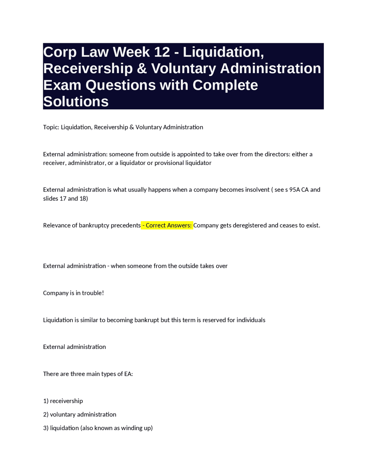 Liquidation, Receivership & Voluntary Administration: Exam Questions | Exams Commercial Law ...