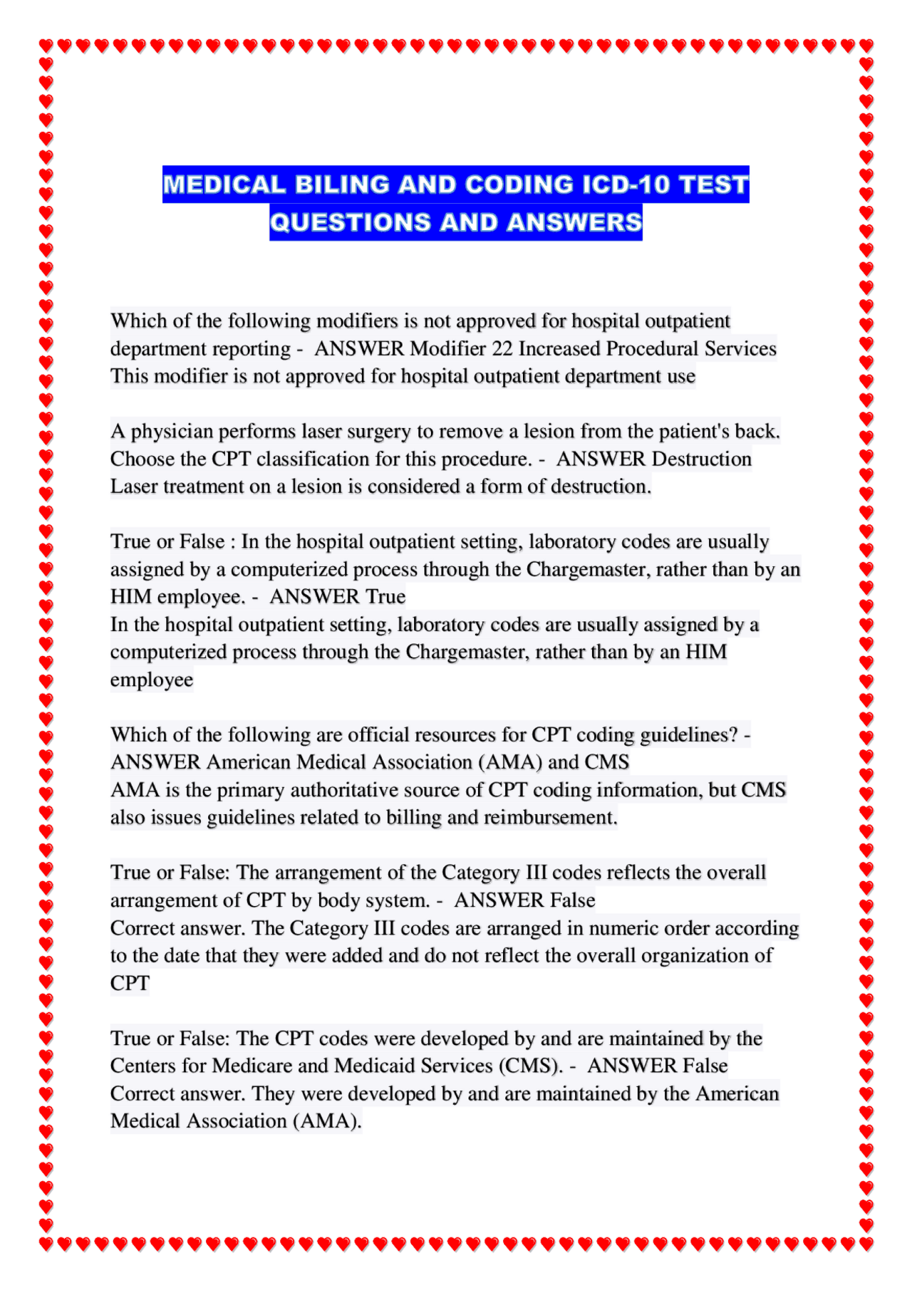 Medical Billing and Coding: Questions and Answers | Exams Nursing | Docsity