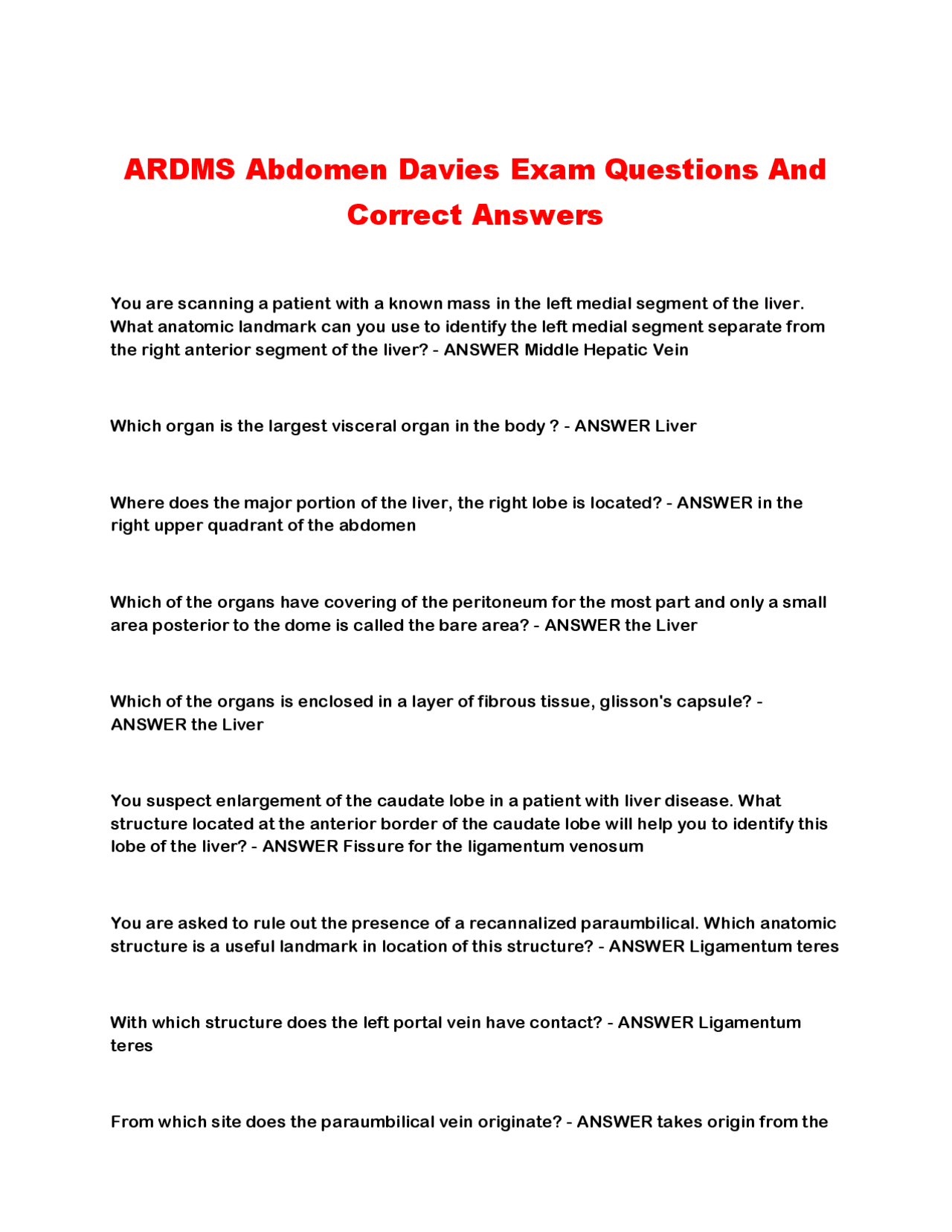 ARDMS Abdomen Davies Exam Questions And Correct Answers | Exams ...