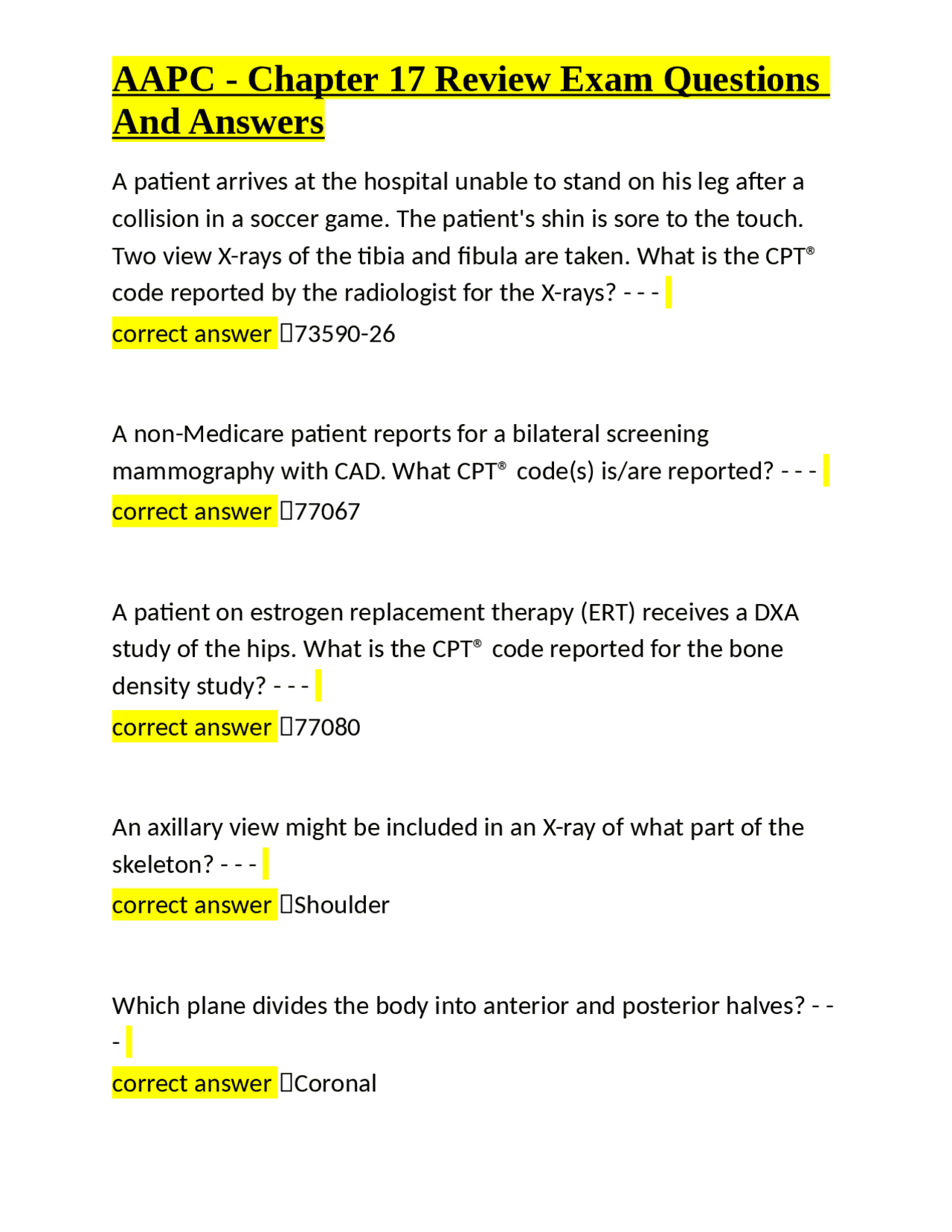 AAPC - Chapter 17 Review Exam Questions And Answers | Exams Health sciences | Docsity