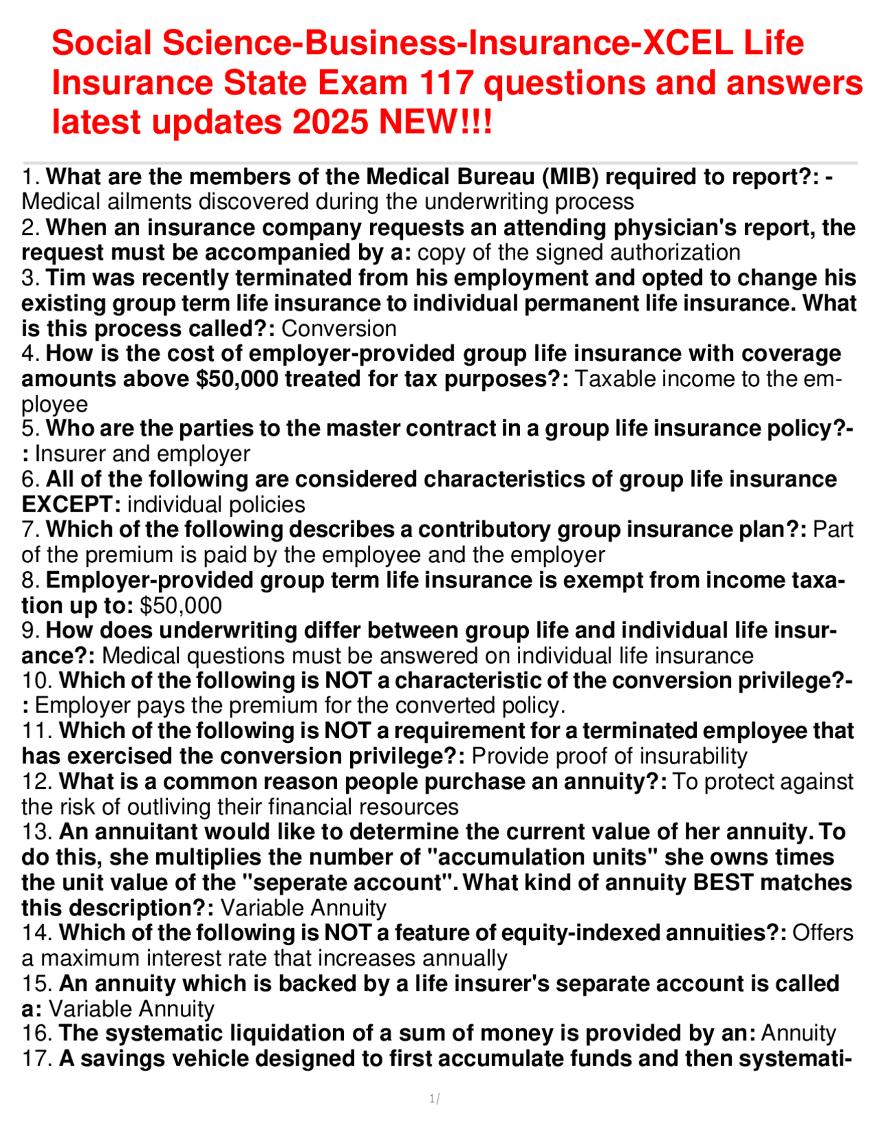 Social Science-Business-Insurance-XCEL Life Insurance State Exam 117 ...