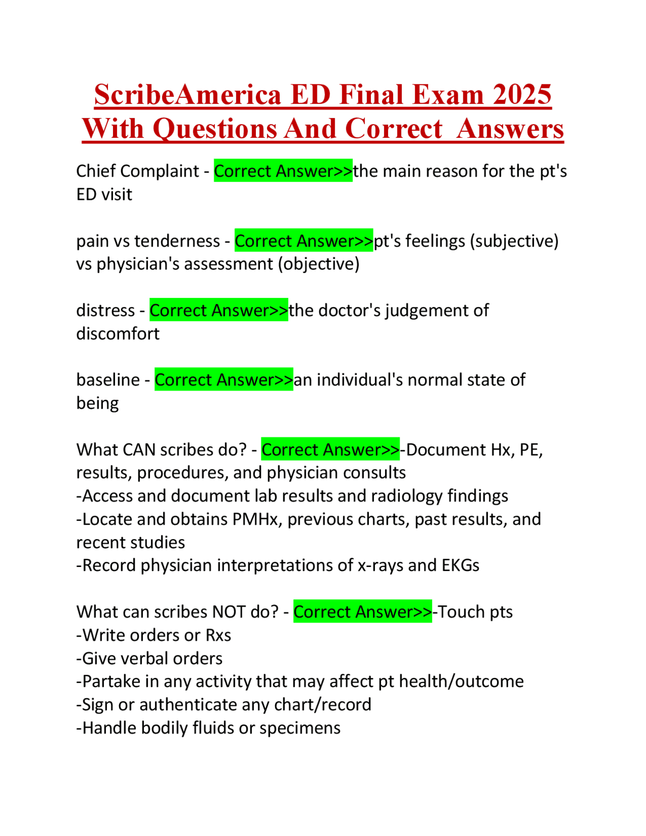 ScribeAmerica ED Final Exam 2025: Questions and Answers for Medical ...