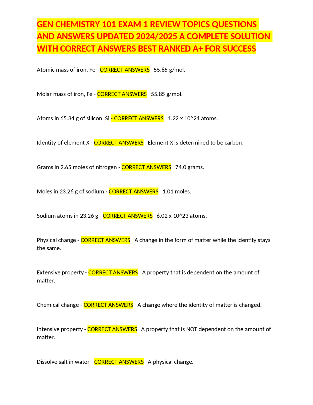 GEN CHEMISTRY 101 EXAM 1 REVIEW TOPICS QUESTIONS AND ANSWERS UPDATED ...