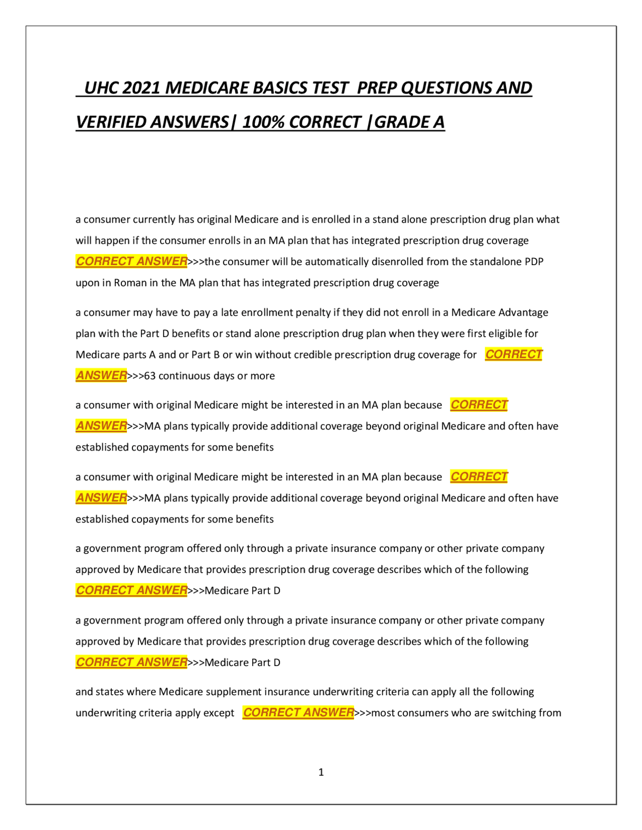 UHC 2021 MEDICARE BASICS TEST PREP QUESTIONS AND VERIFIED ANSWERS| 100% ...