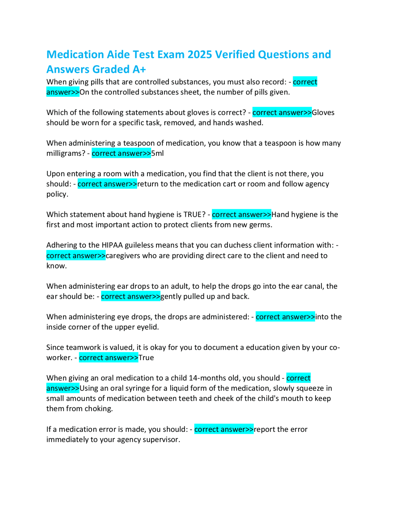 Medication Aide Test Exam 2025 Verified Questions and Answers Graded A+ ...